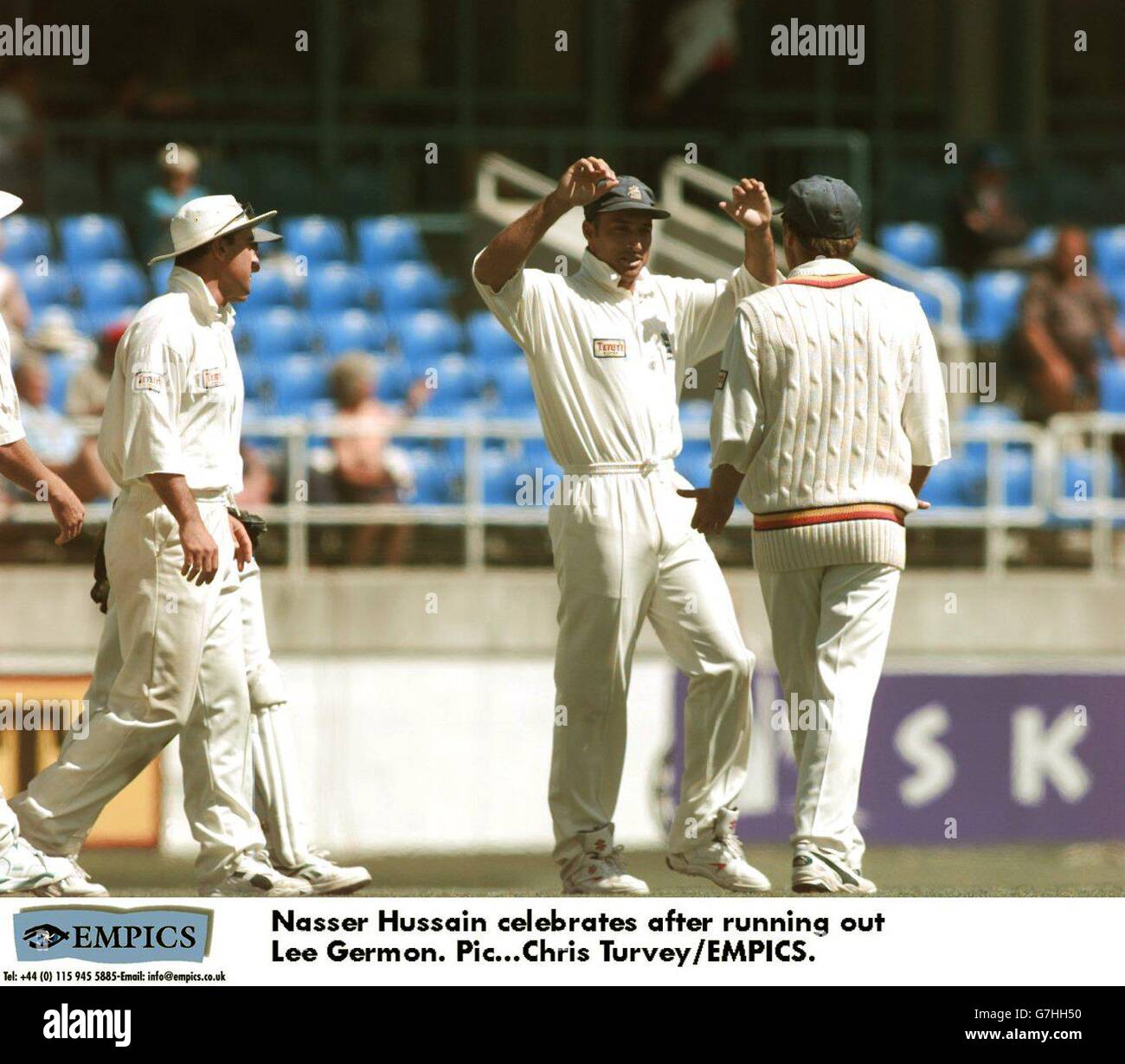Nasser hussain celebrates running out lee germon hi-res stock ...