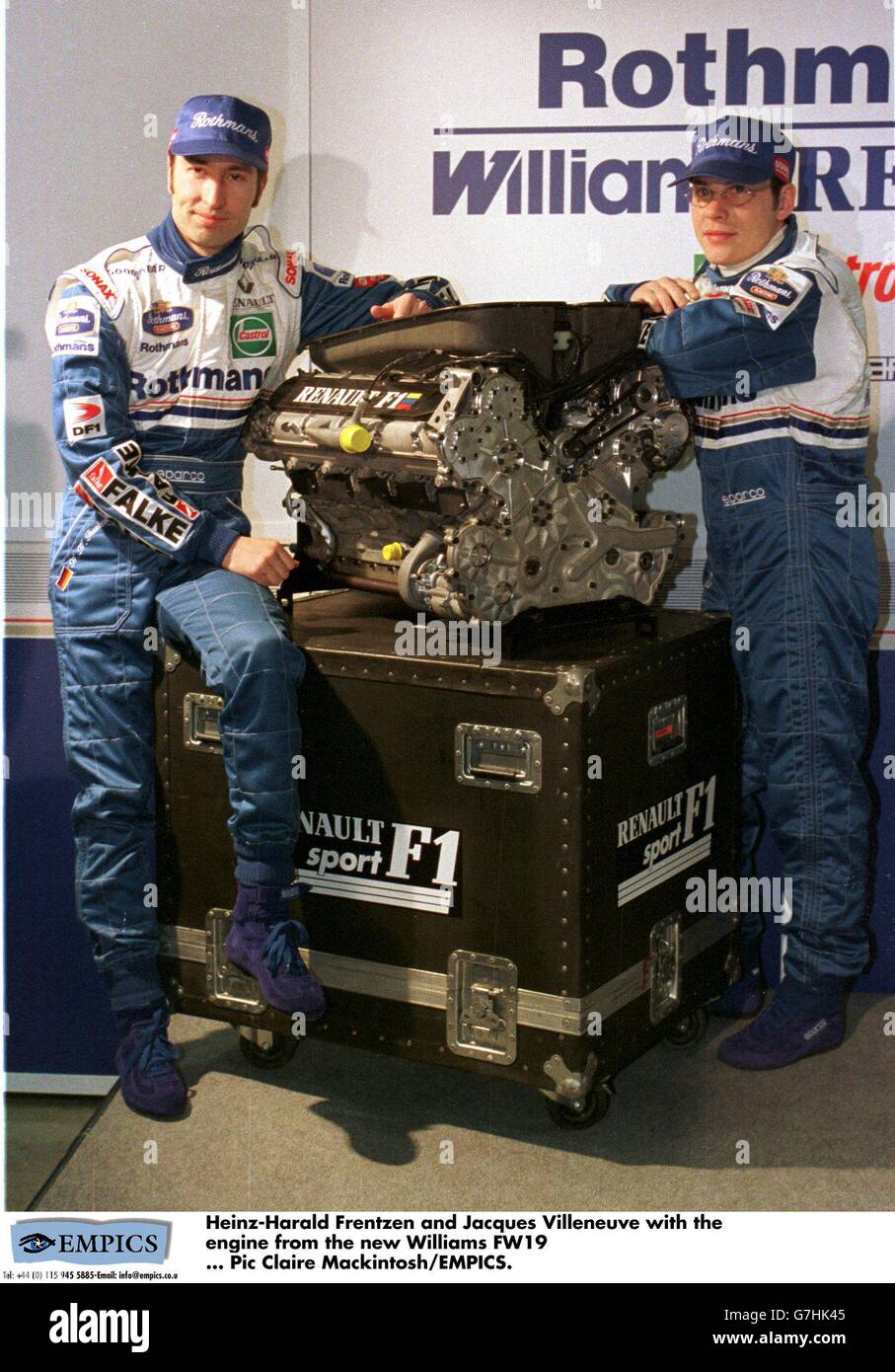 Heinz-Harald Frentzen and Jacques Villeneuve with the engine from the ...