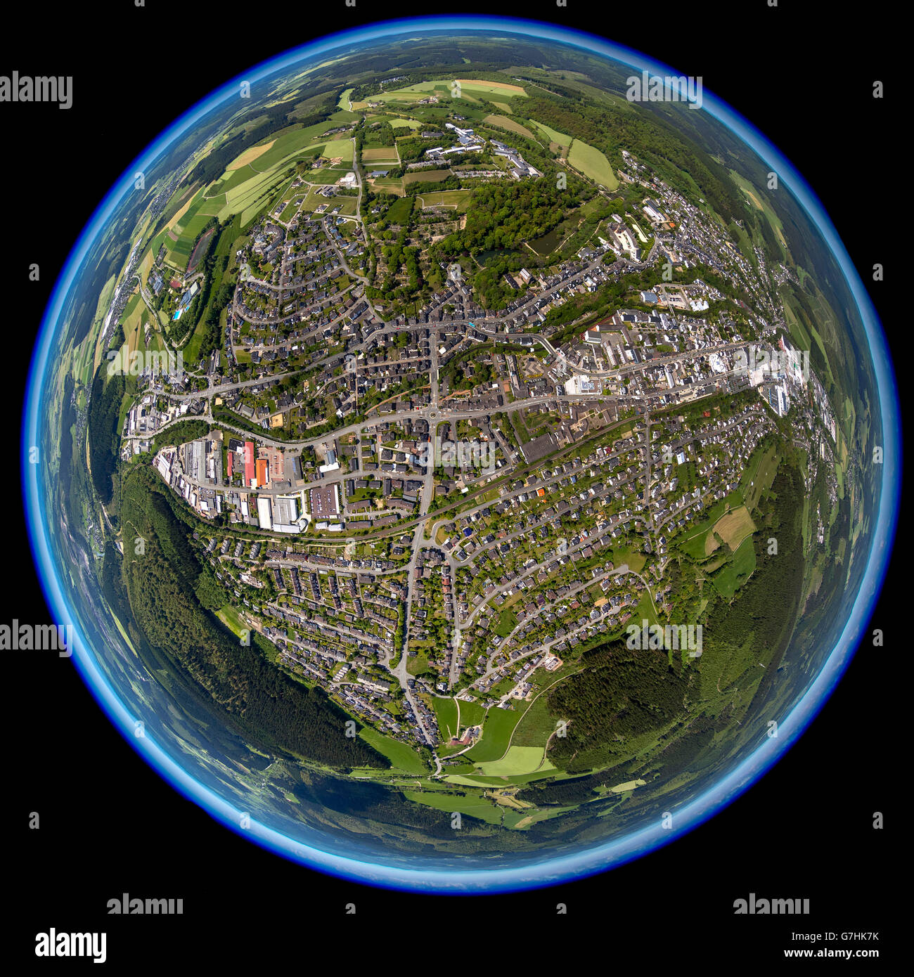 Aerial view, overview fisheye Up, fisheye, town center and castle ...