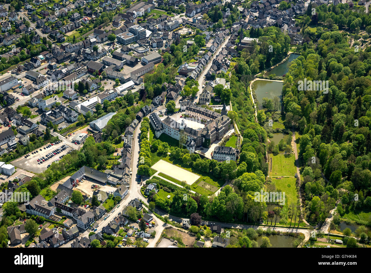 Aerial view, looking over Berleburg Castle with orangery on the town of ...