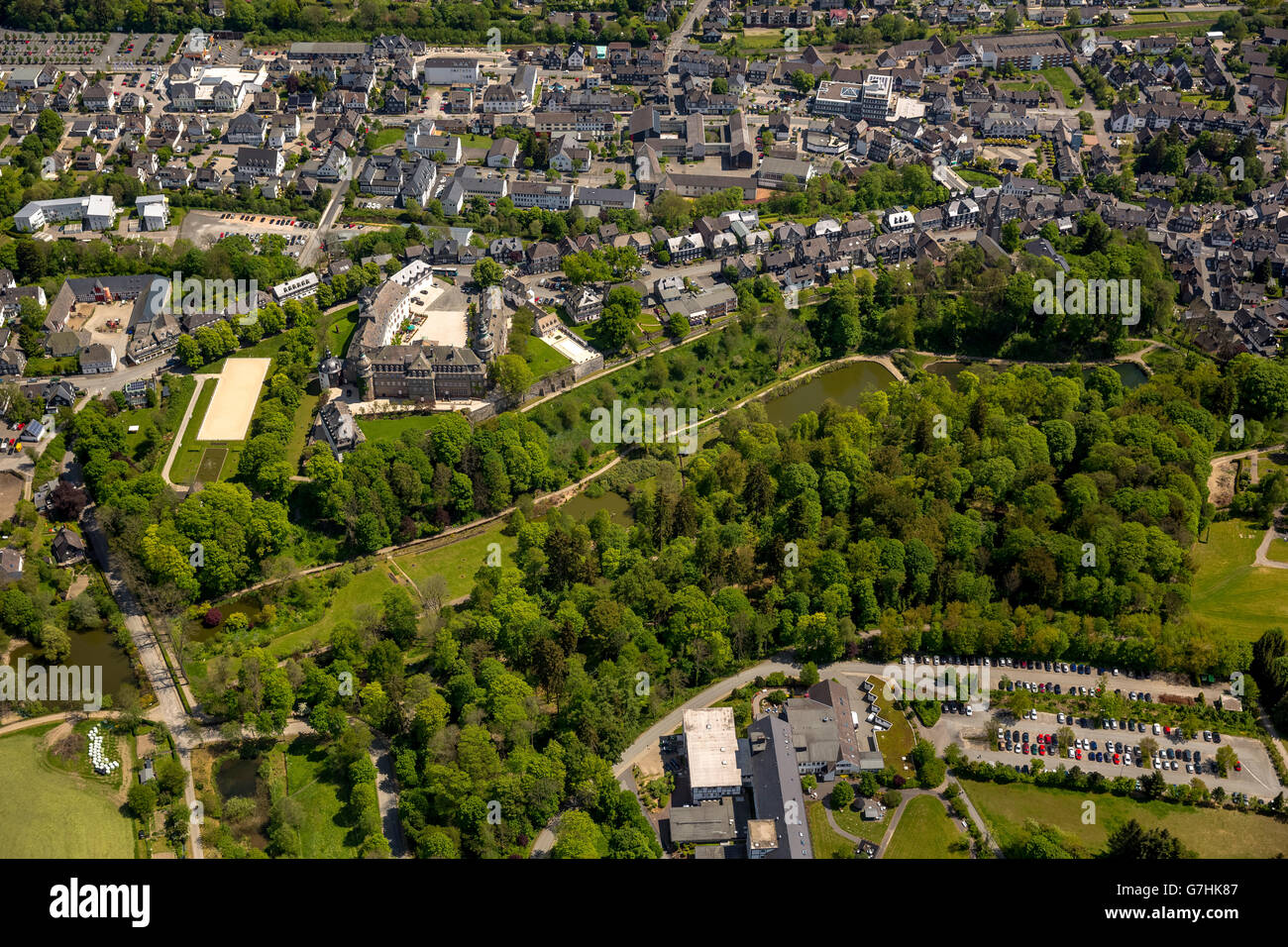 Aerial view, looking over Berleburg Castle with orangery on the town of ...