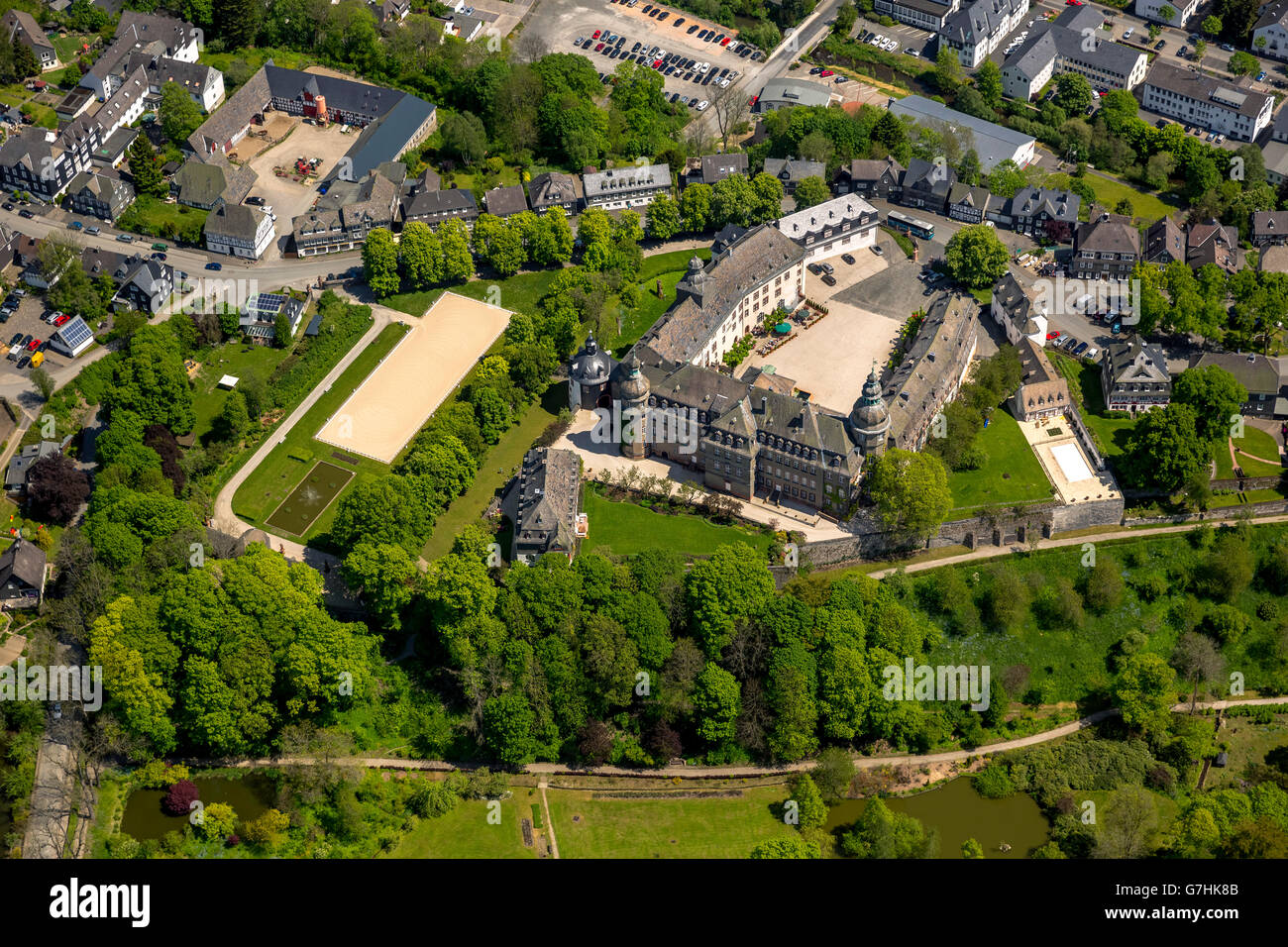 Aerial view, looking over Berleburg Castle with orangery on the town of ...