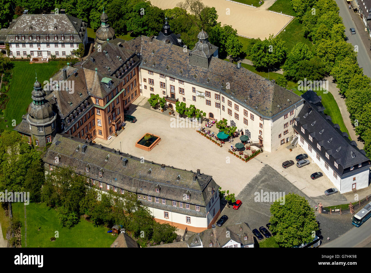Aerial view, looking over Berleburg Castle with orangery on the town of ...