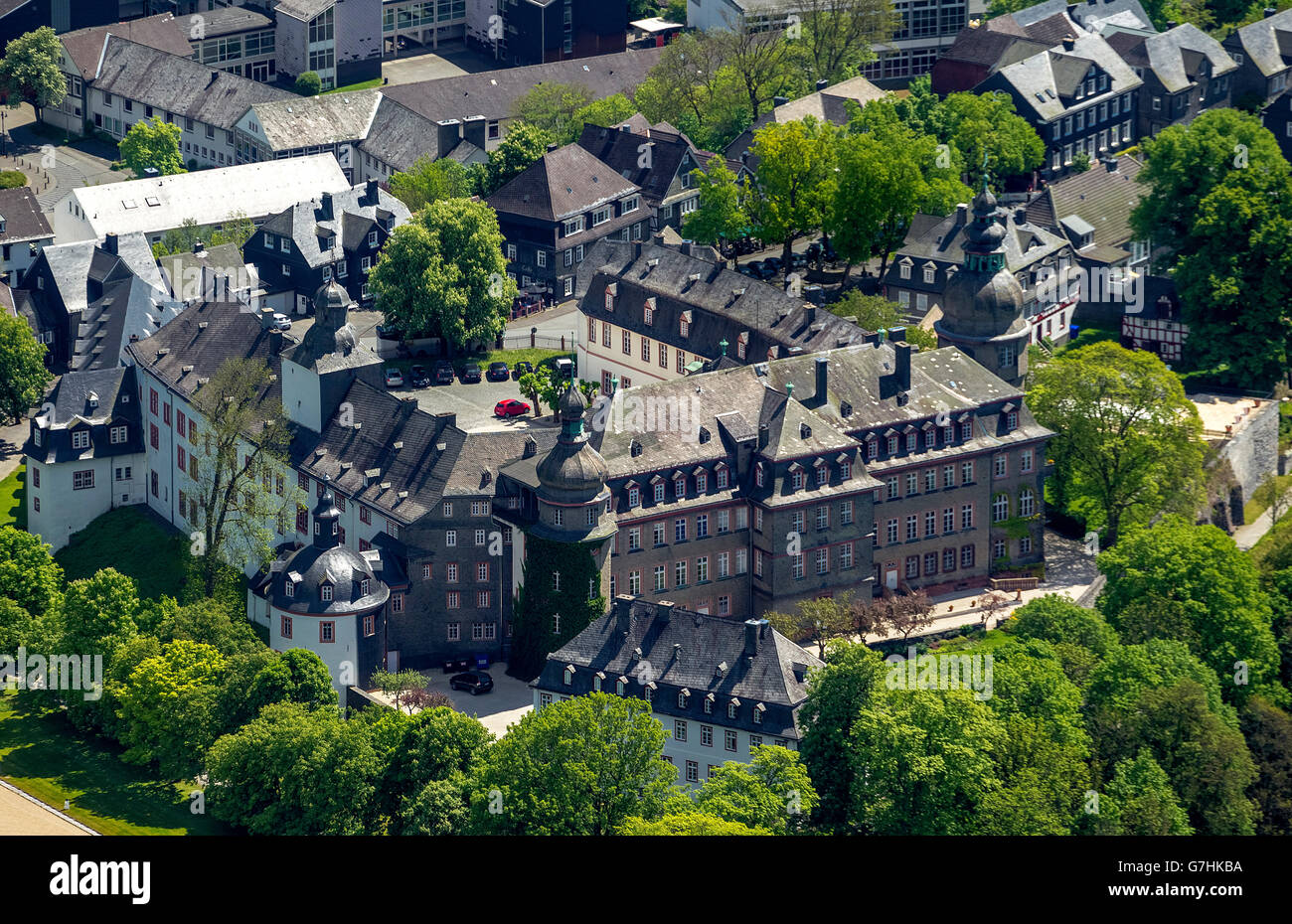 Aerial view, looking over Berleburg Castle with orangery on the town of ...
