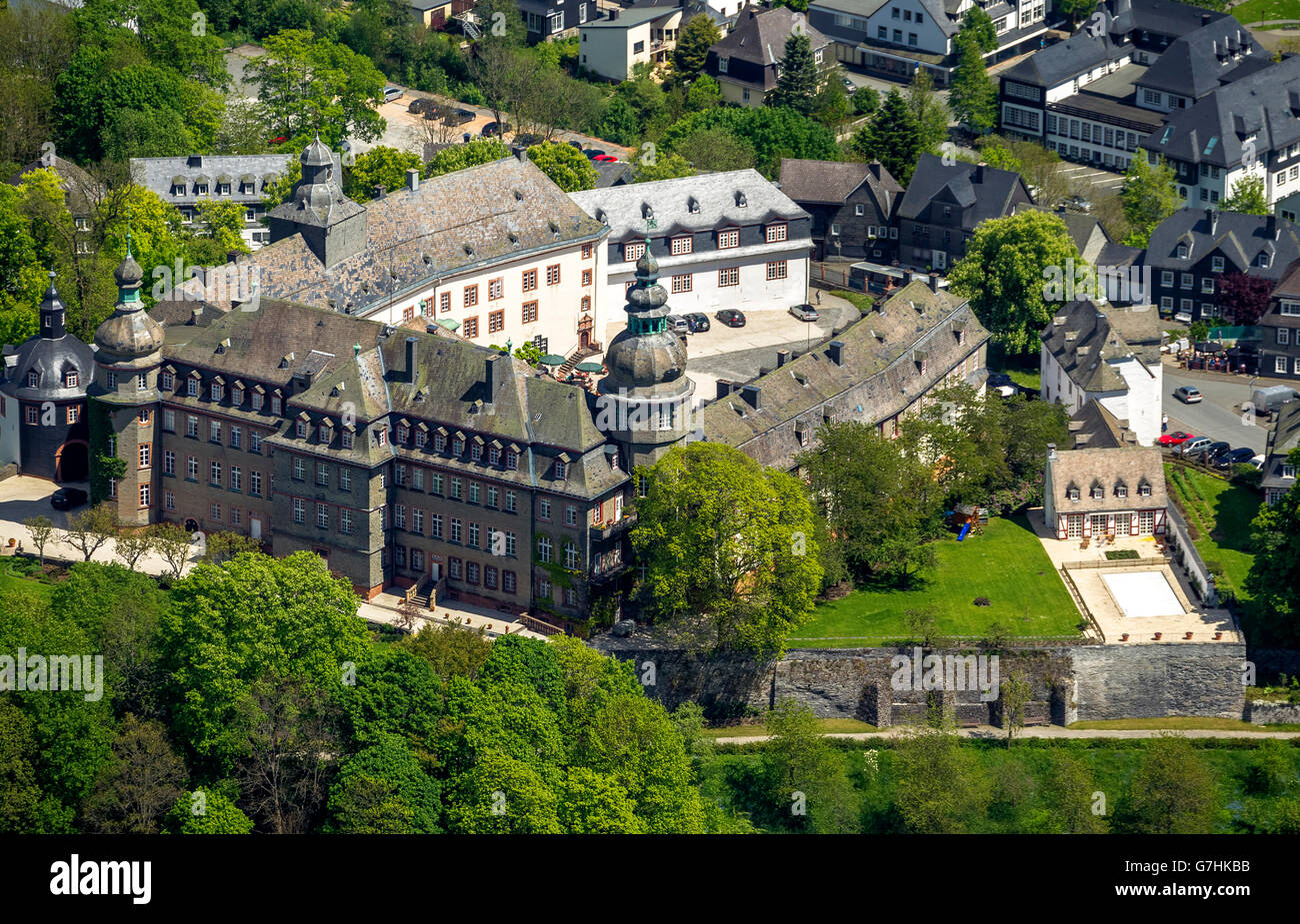Aerial view, looking over Berleburg Castle with orangery on the town of ...