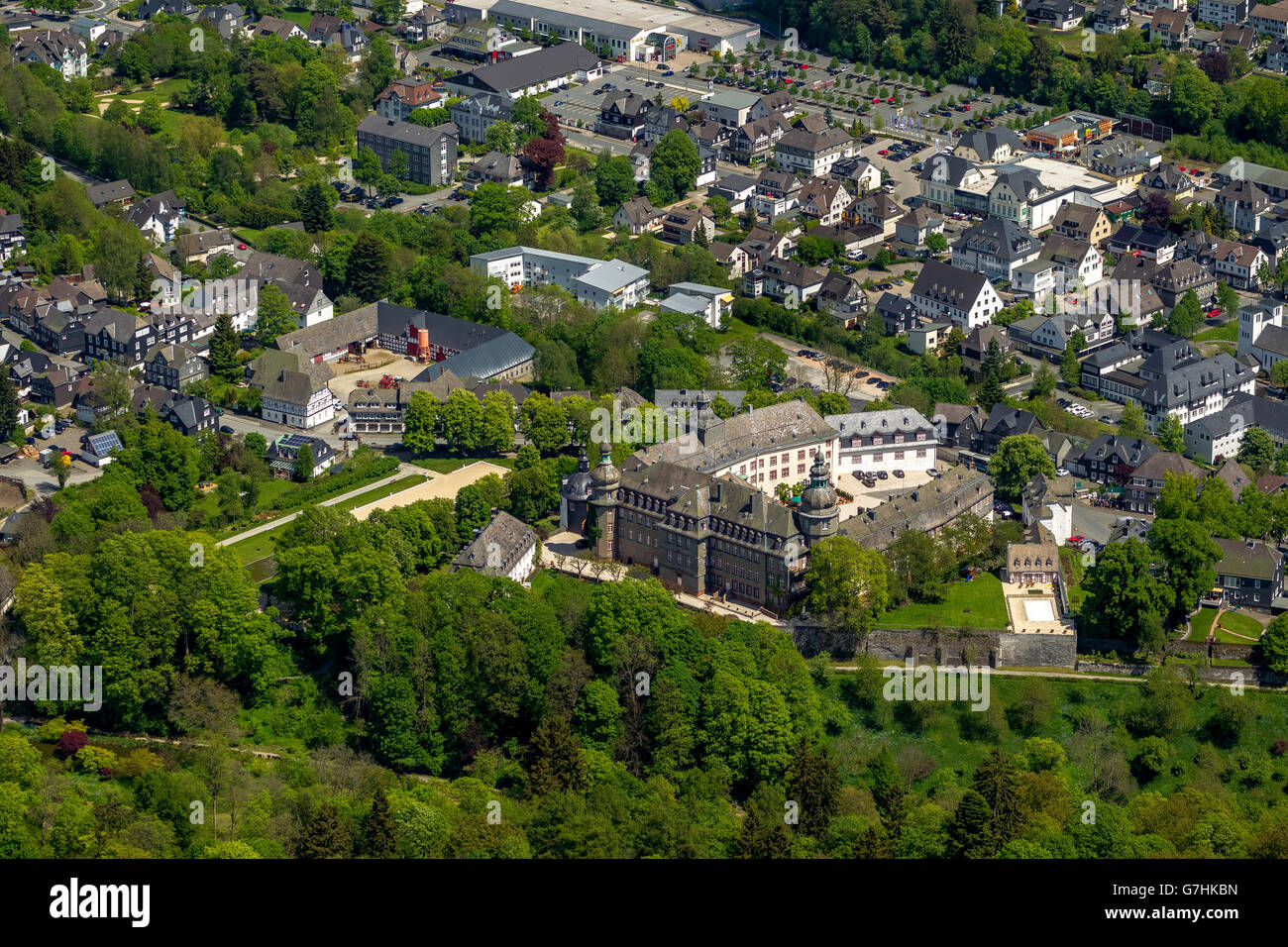 Aerial view, looking over Berleburg Castle with orangery on the town of ...