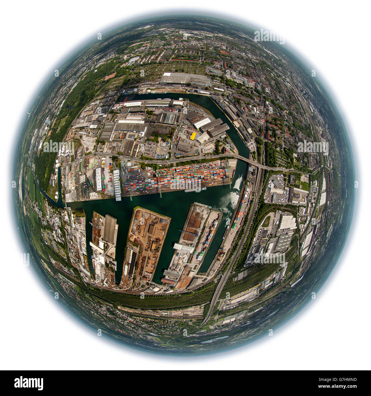 Aerial view, Dortmund harbor with container terminal, fisheye image ...