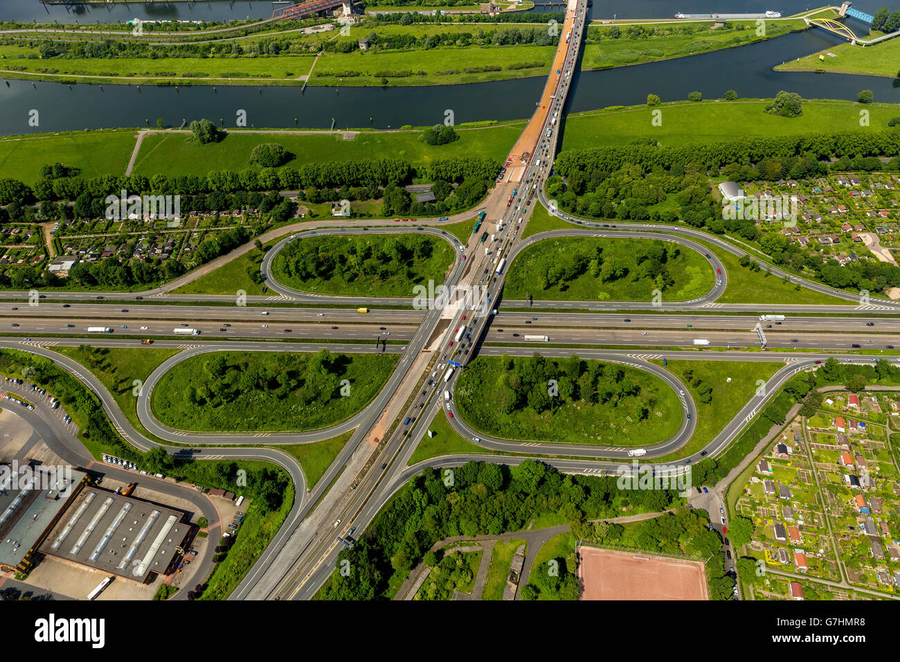Aerial view, motorway junction A59 and A40 Duisburg, renovate bridges ...