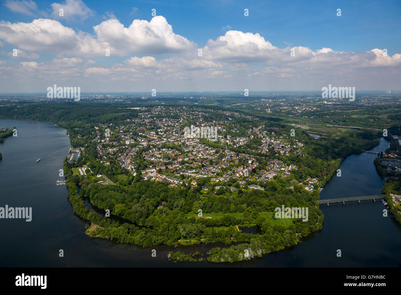 Aerial view, Ruhr River, Heisingen Peninsula, Baldeneysee lake, Ruhr ...