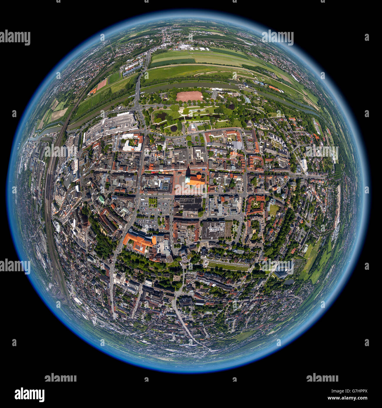 Aerial view, fisheye optics, fisheye lens, overview of Hamm, greenbelt ...
