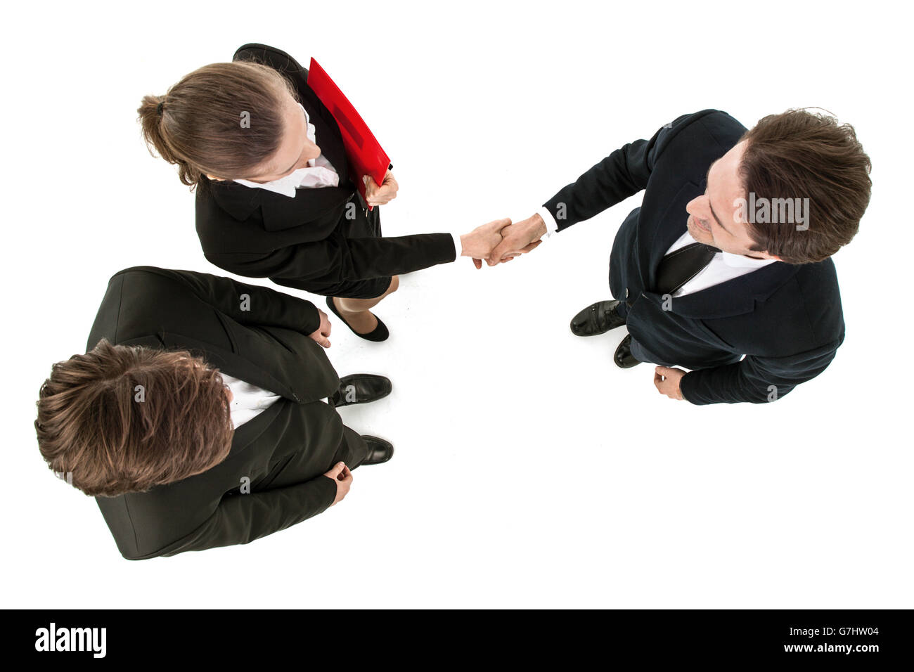 Top view of business man and woman shaking hands isolated on white ...