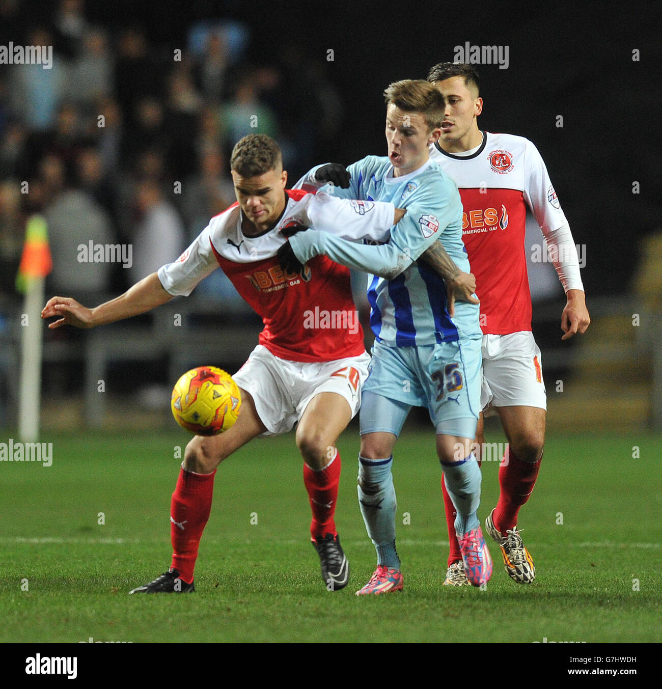 Fleetwood Town's Tyler Forbes and Coventry City's James Maddison battle ...