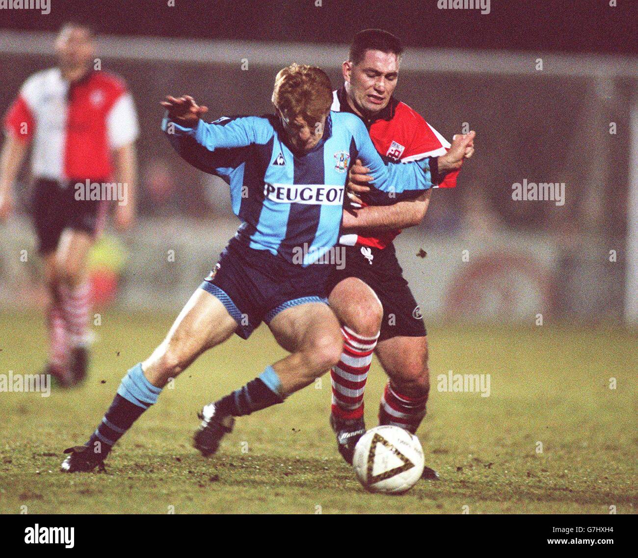 Gordon Strachan, Coventry City battles with Woking's Shane Wye Stock ...