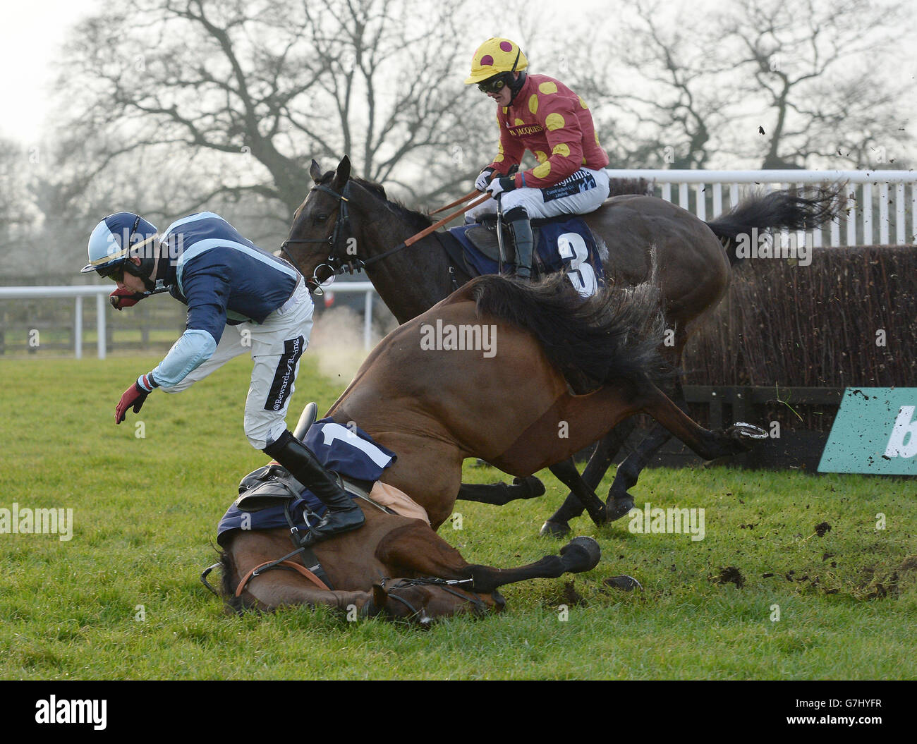 Jockey Conor O'Farrell falls from No Through Road at the final fence in ...