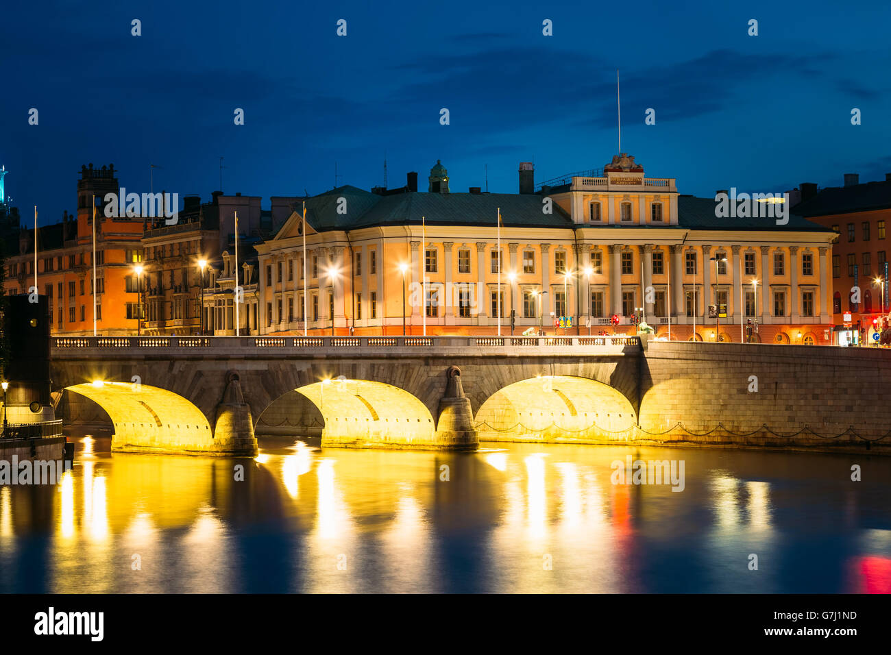 Night Scenic View Of Illuminated Old Norrbro Bridge In Stockholm ...