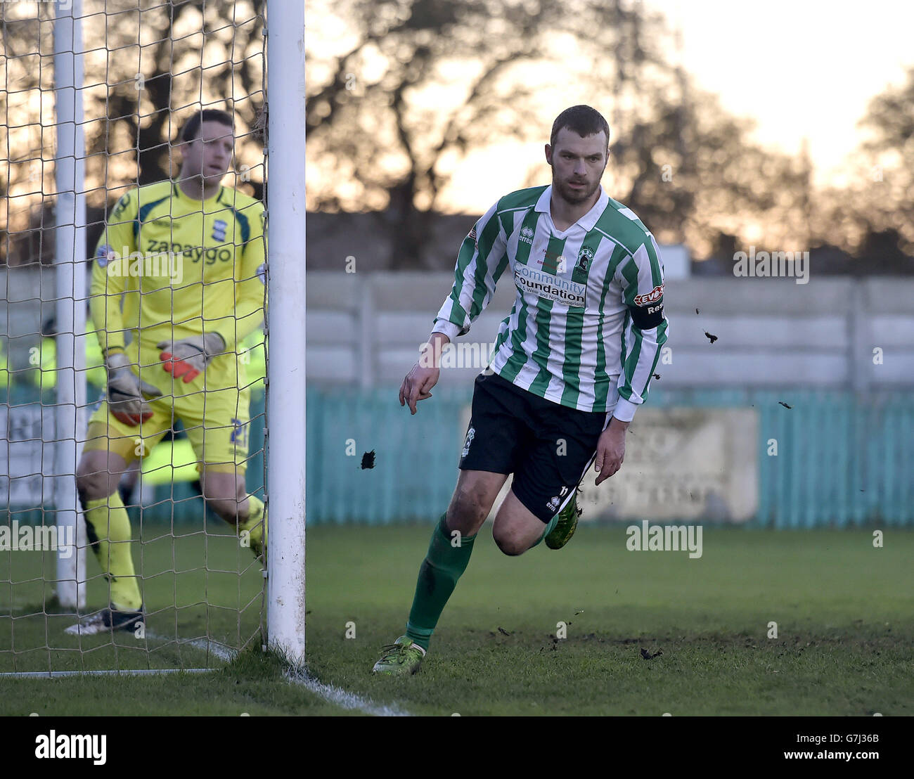 Blyth Spartans' Robert Dale (right) celebrates scoring his sides first ...