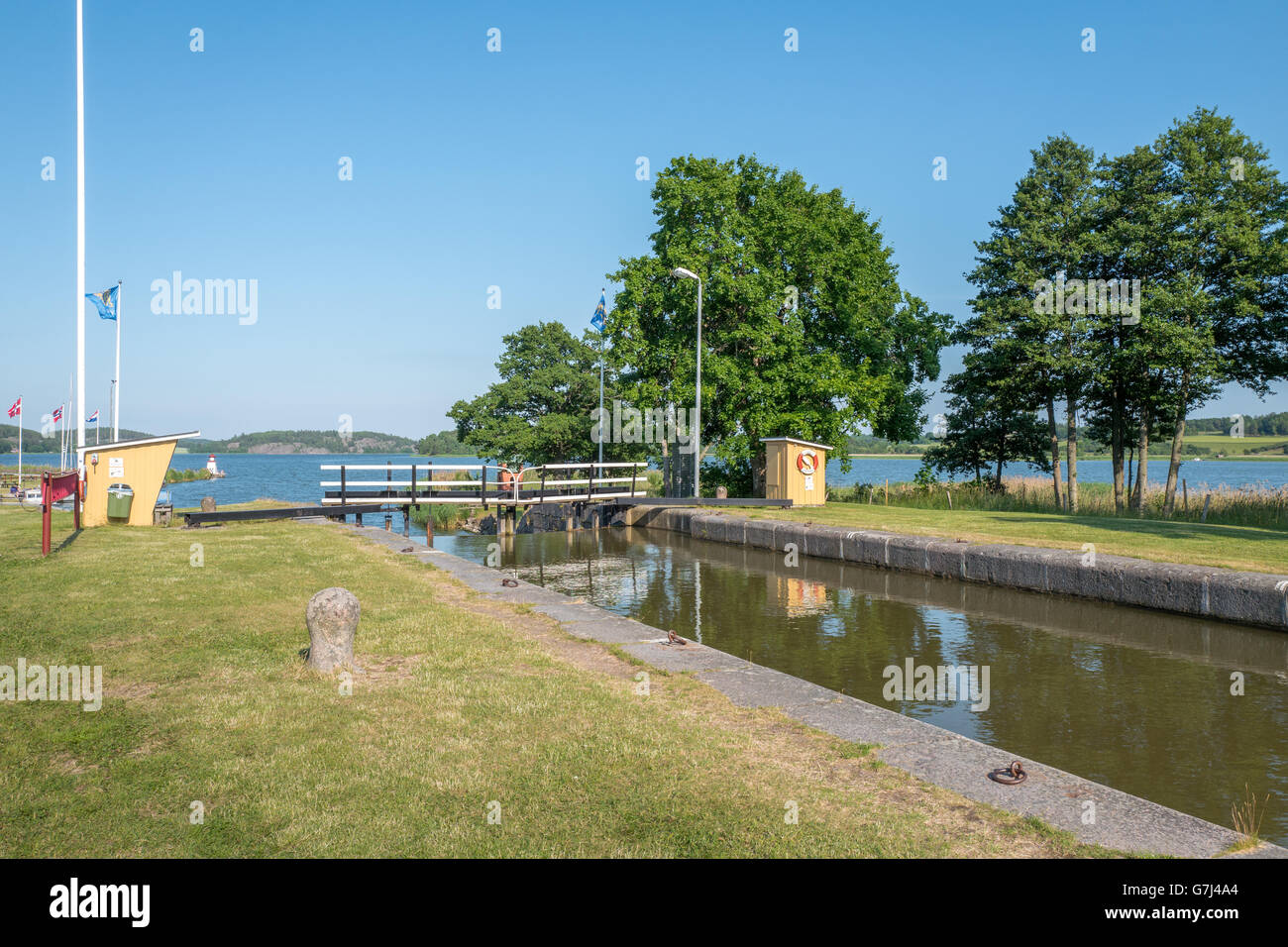 The first lock of Gota Canal at Mem during midsummer in Sweden Stock ...