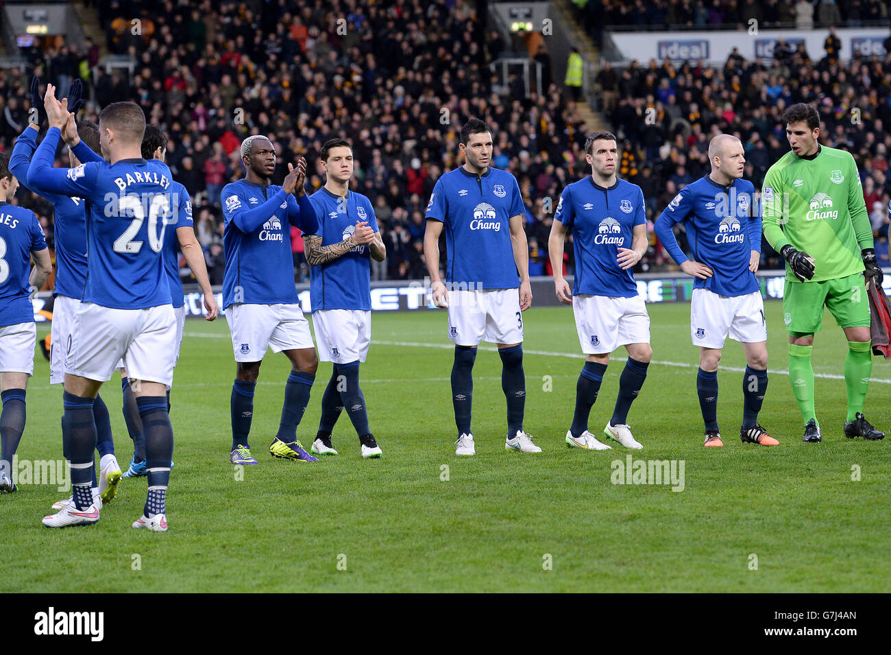Everton players line up to shake hands before the game hi-res stock ...