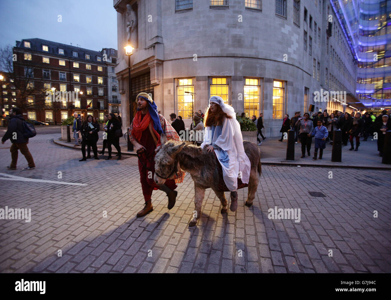 Actors performing scenes from The Wintershall Nativity outside BBC ...