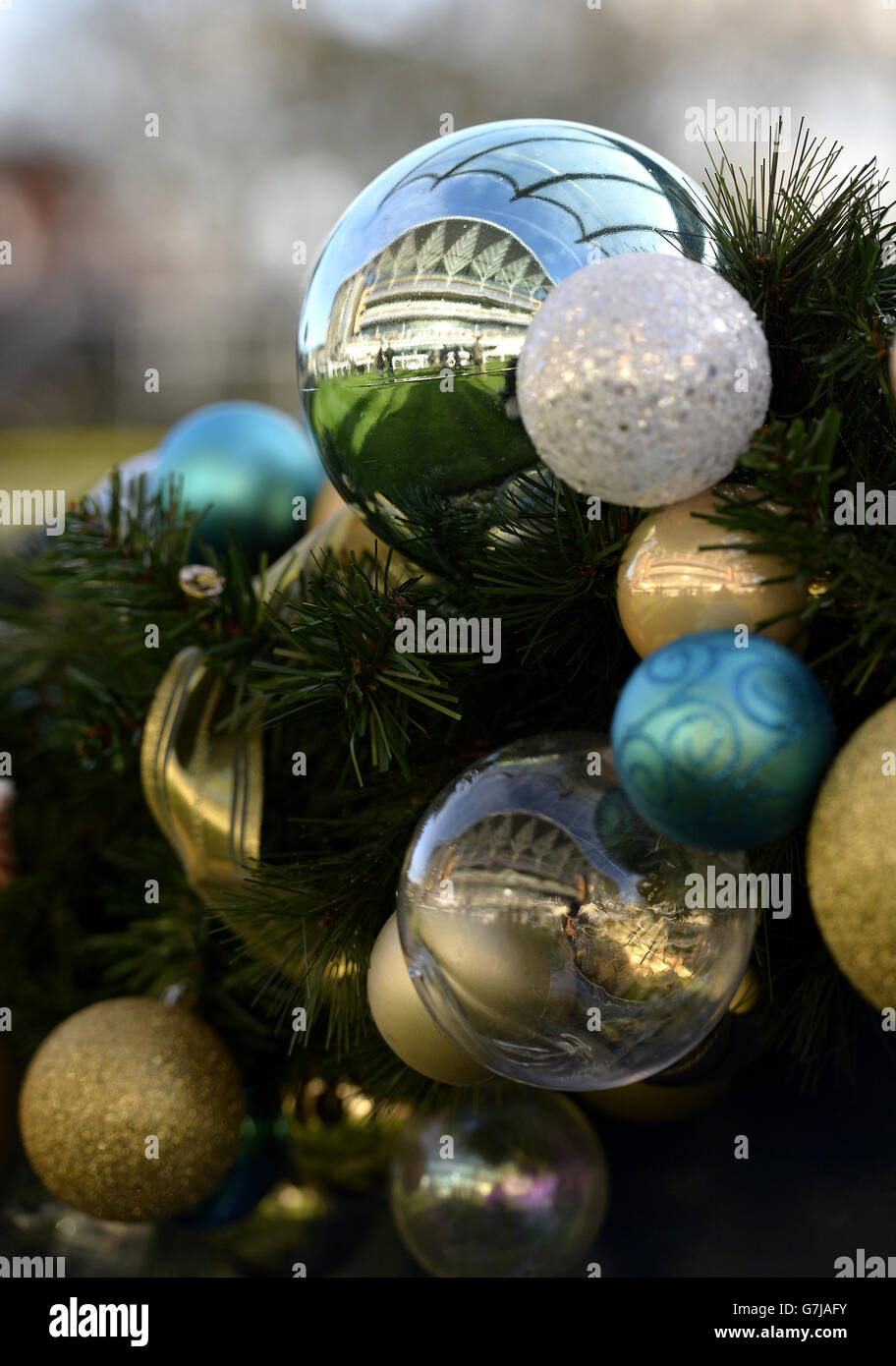 The Grandstand at Ascot racecourse is reflected in Christmas ...