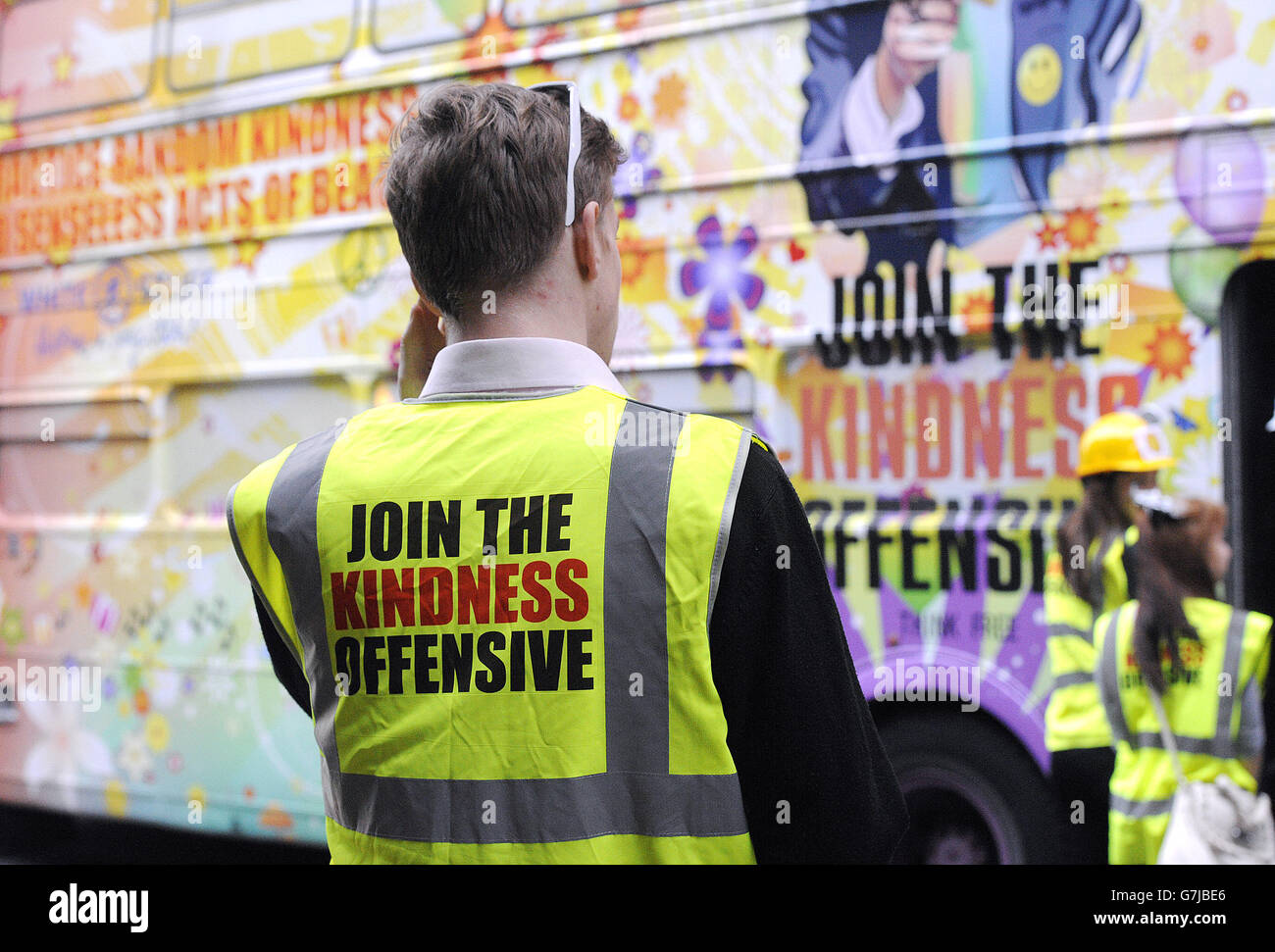 A volunteer of the Kindness Offensive arrives with the Kinder Bus to ...