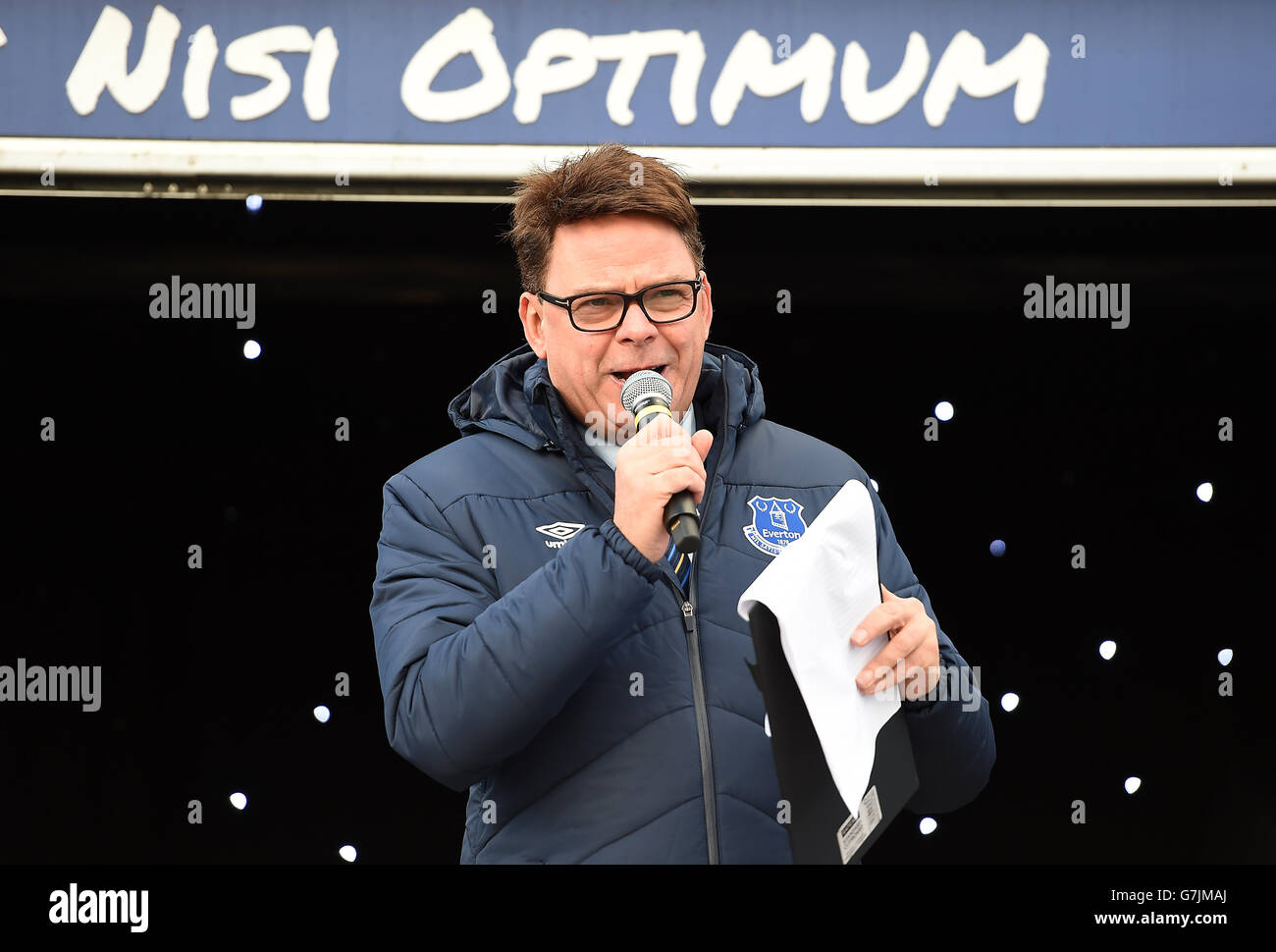Compere simon ross on stage at the everton fan zone hi-res stock ...