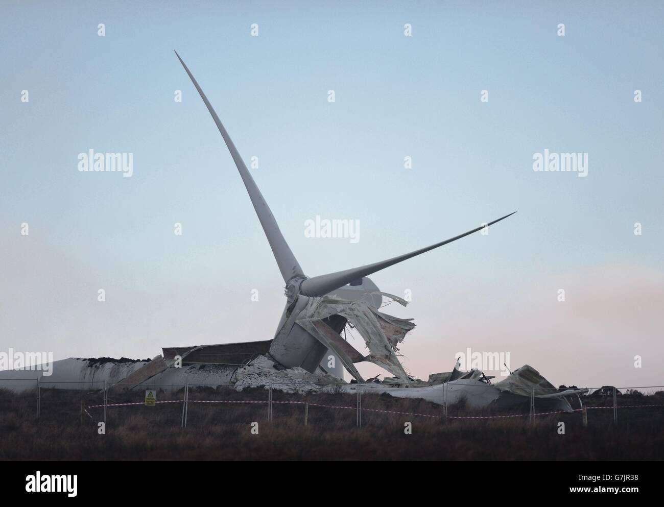 A general view of a wind turbine which collapsed at Screggagh wind farm ...