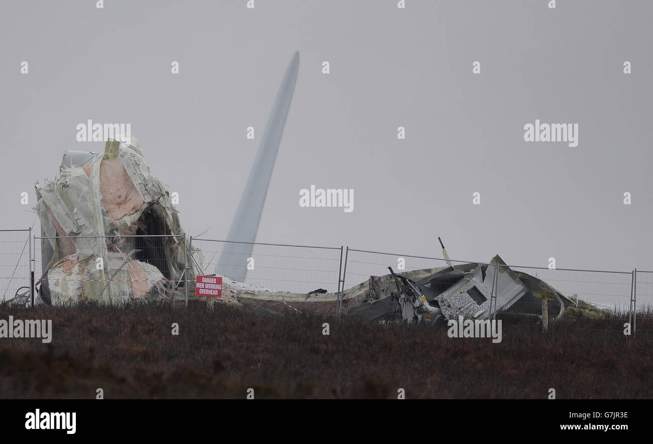 A general view of a wind turbine which collapsed at Screggagh wind farm ...