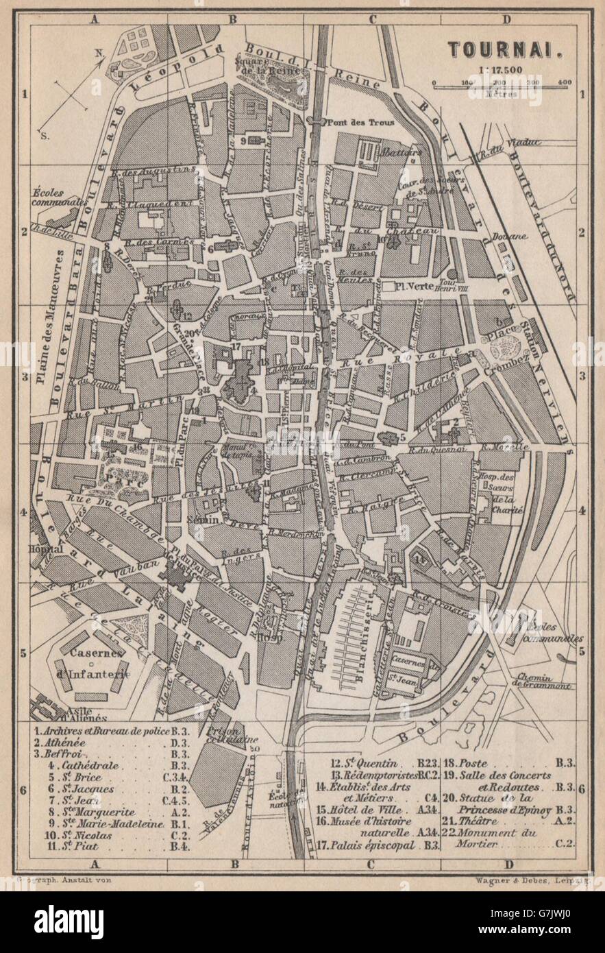TOURNAI DOORNIK antique town city plan. Belgium carte. BAEDEKER, 1897 ...
