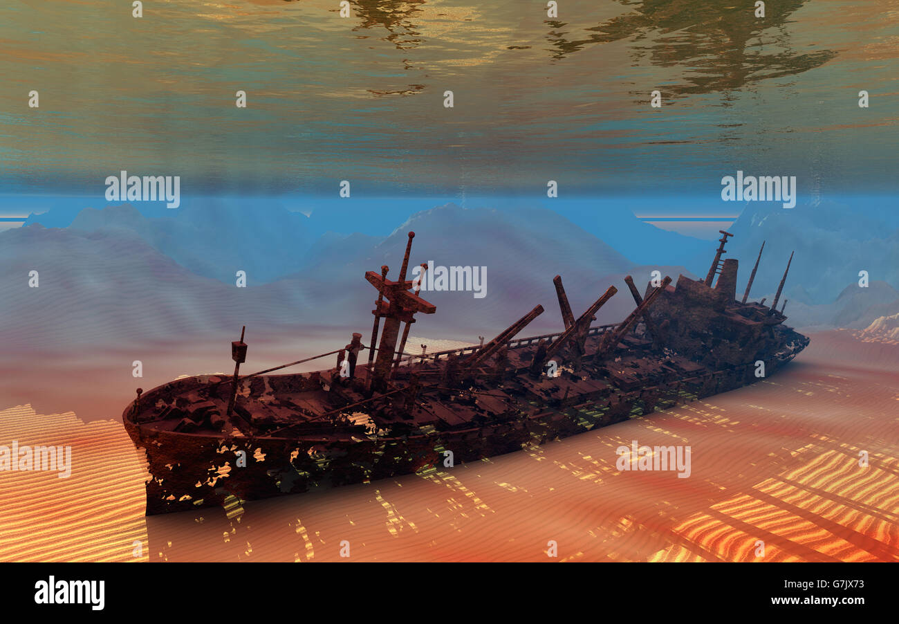 The Wreckage Of A Sunken Freighter Ship , Lying Underwater At The ...