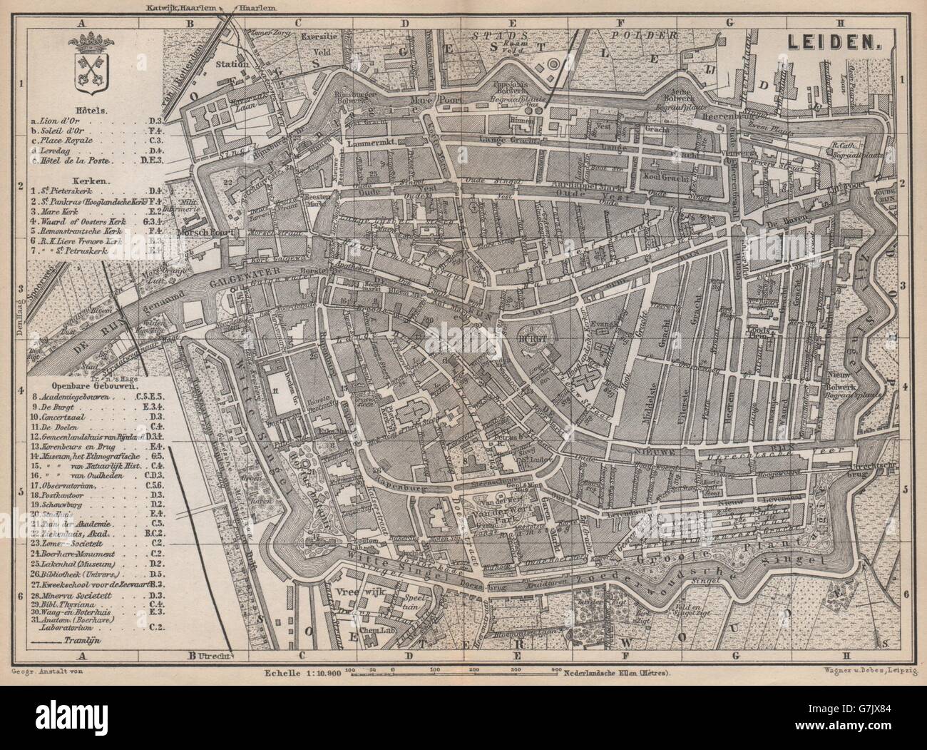 LEIDEN LEYDEN antique town city stadsplan. Netherlands kaart. BAEDEKER ...