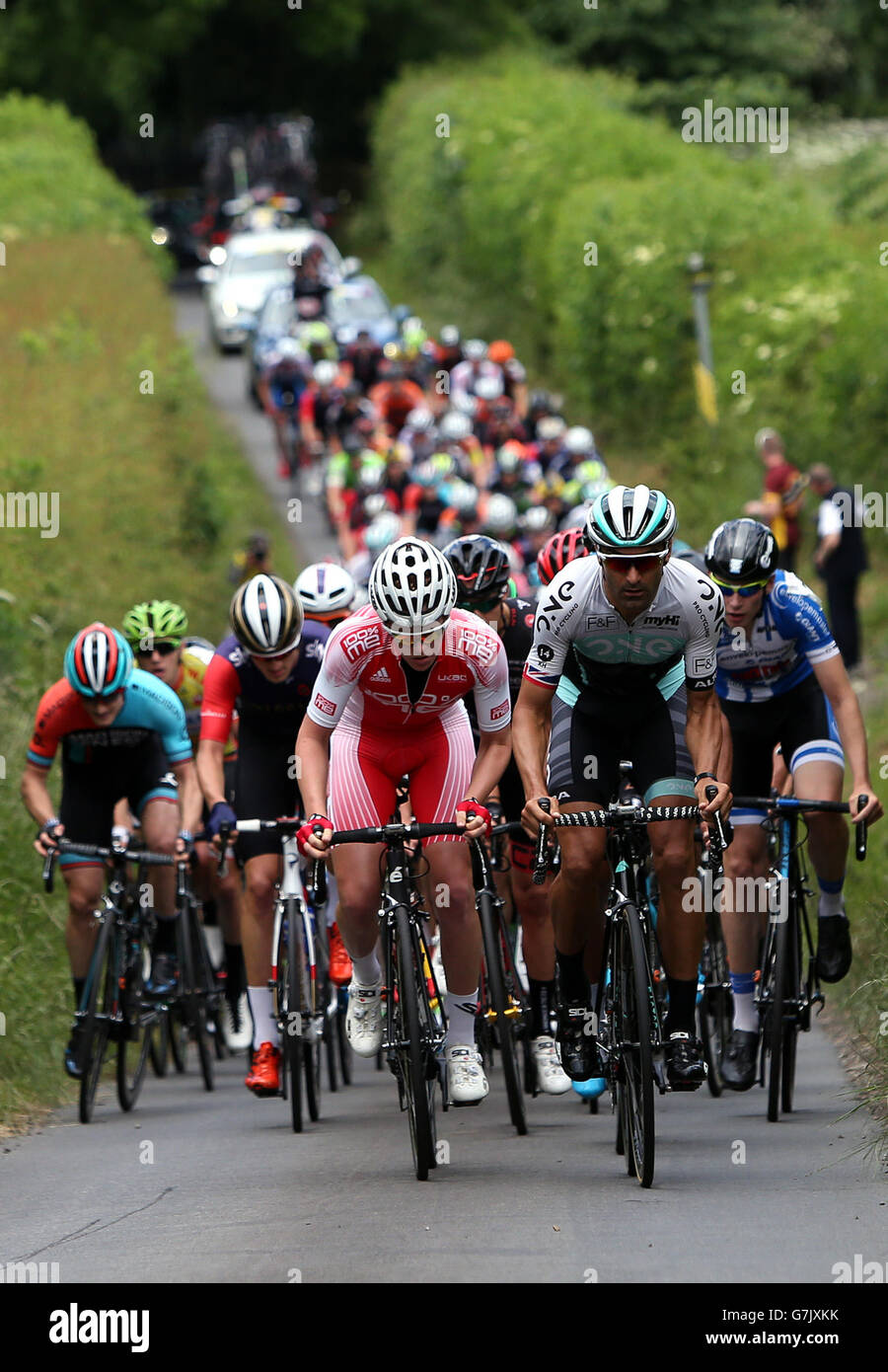 Riders compete in the Men's road race during the British Cycling ...