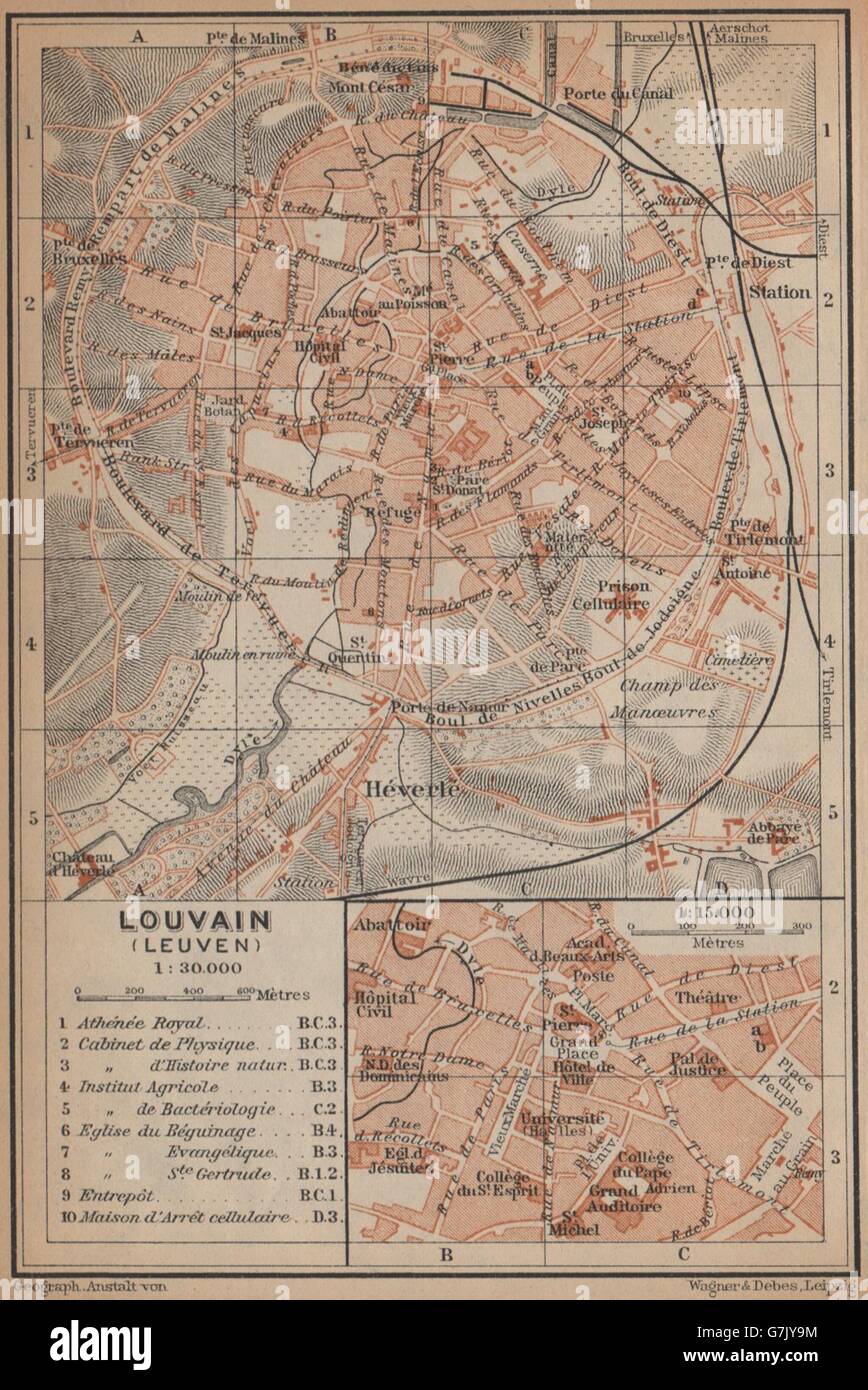 LEUVEN LOUVAIN LÖWEN antique town city plan. Belgium carte. BAEDEKER ...