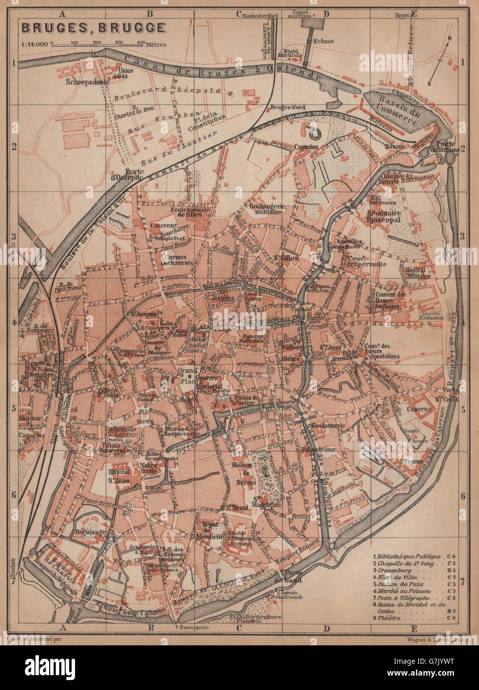 BRUGES BRUGGE antique town city plan. Belgium carte. BAEDEKER, 1905 old ...