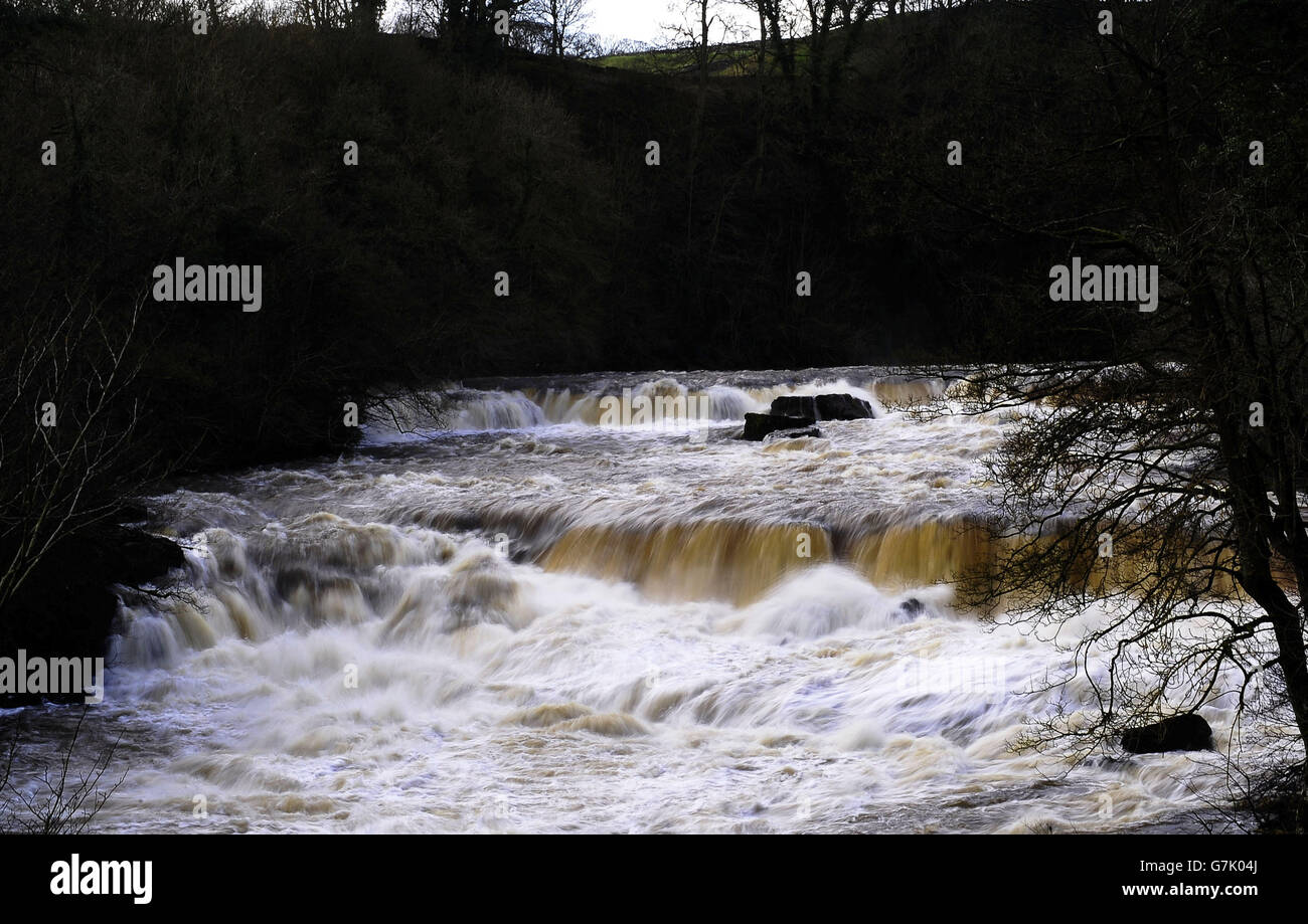 A general view of overflowing rivers in the Yorkshire Dales, as rapid ...