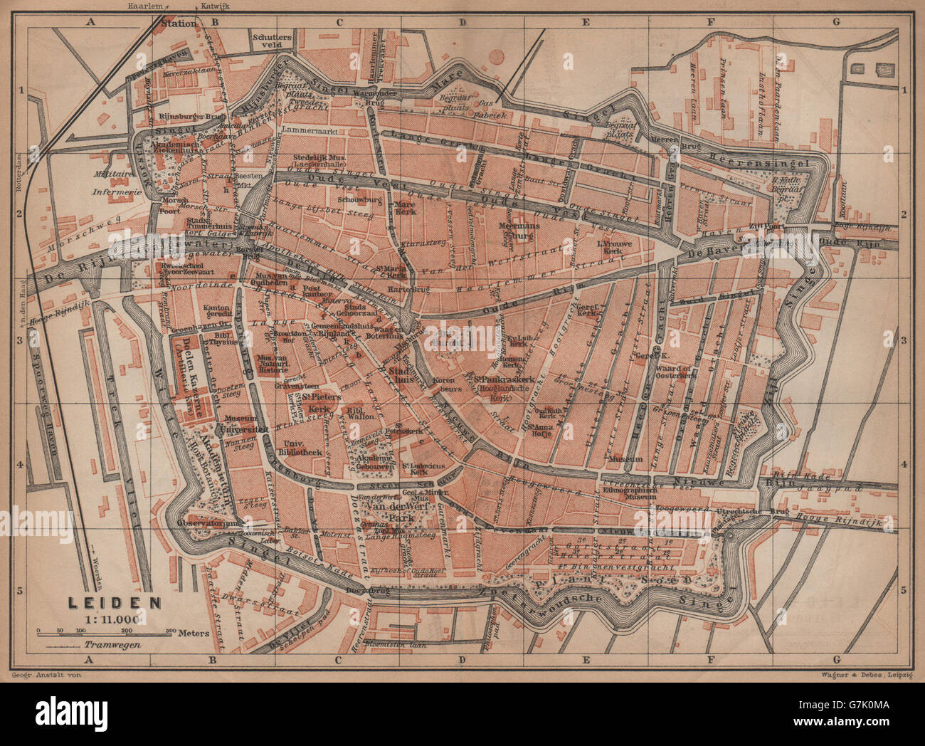 LEIDEN LEYDEN antique town city stadsplan. Netherlands kaart. BAEDEKER ...