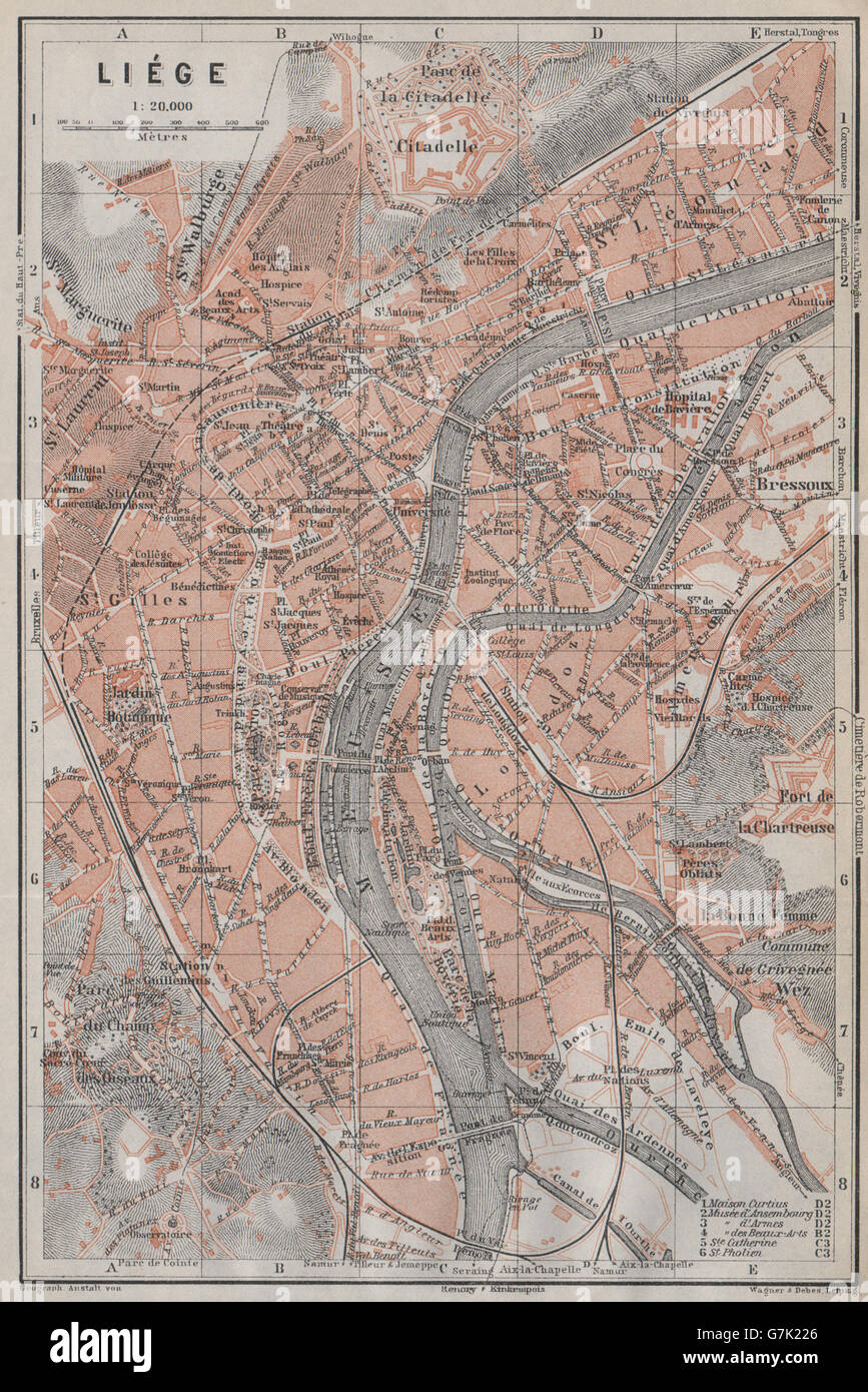 LIEGE LIÈGE LUIK antique town city plan. Belgium carte. BAEDEKER, 1910 ...
