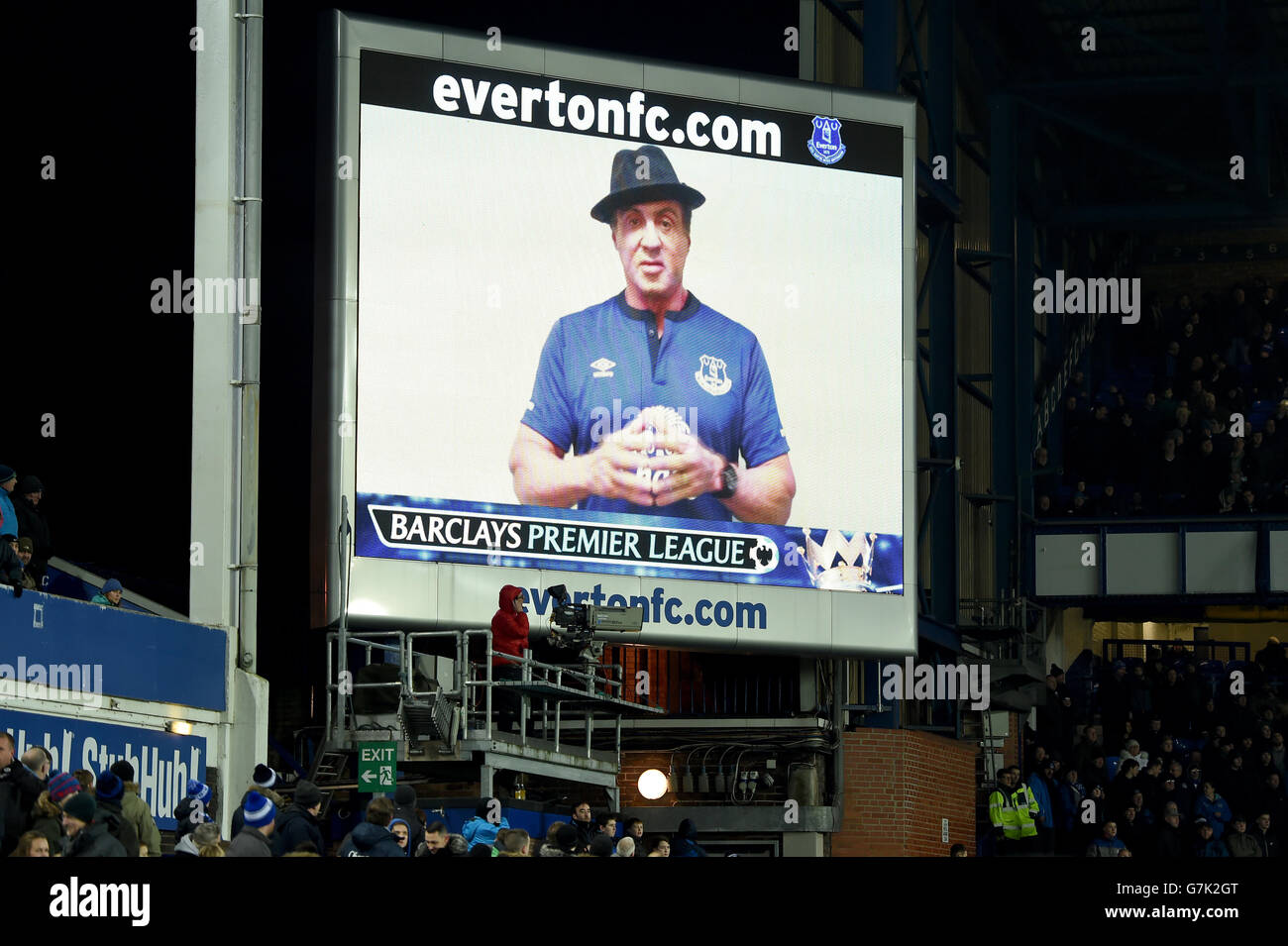 Everton fan Sylvester Stallone on the giant screen at Goodison Park ...