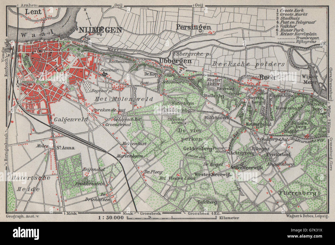 NIJMEGEN environs. Beek Ubbergen Lent. Netherlands kaart. BAEDEKER ...