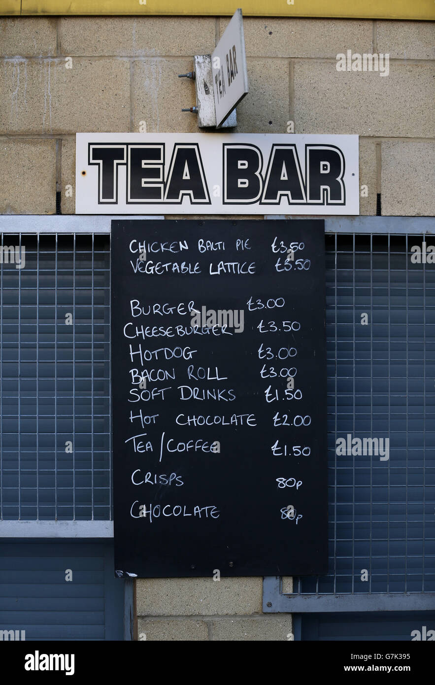 General view of the Tea Bar menu at the R Costings Abbey Stadium Stock ...