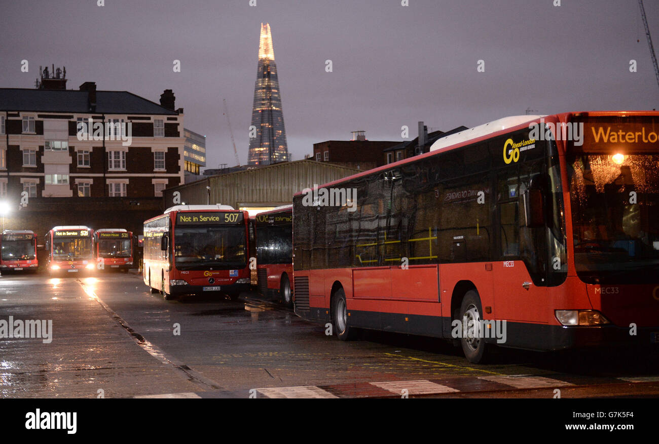 Buses are seen parked inside Waterloo Bus Garage as bus workers stage a ...
