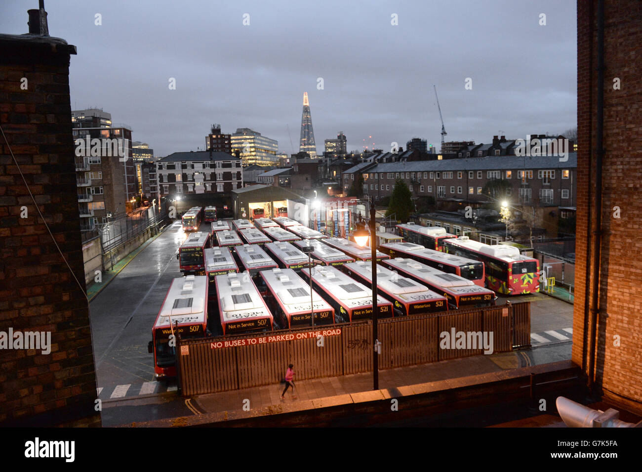 Buses are seen parked inside Waterloo Bus Garage as bus workers stage a ...
