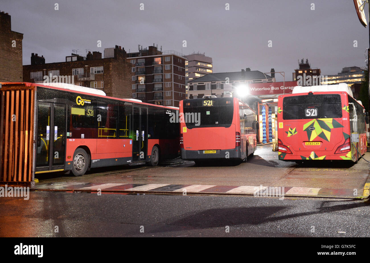 Buses are seen parked inside Waterloo Bus Garage as bus workers stage a ...