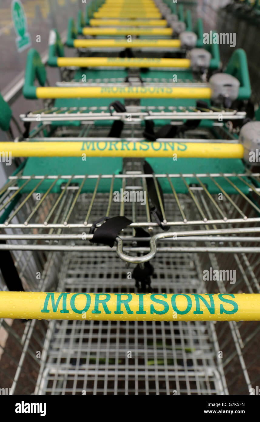 Trollies at a Morrisons supermarket at Cambourne in Cambridgeshire, as ...