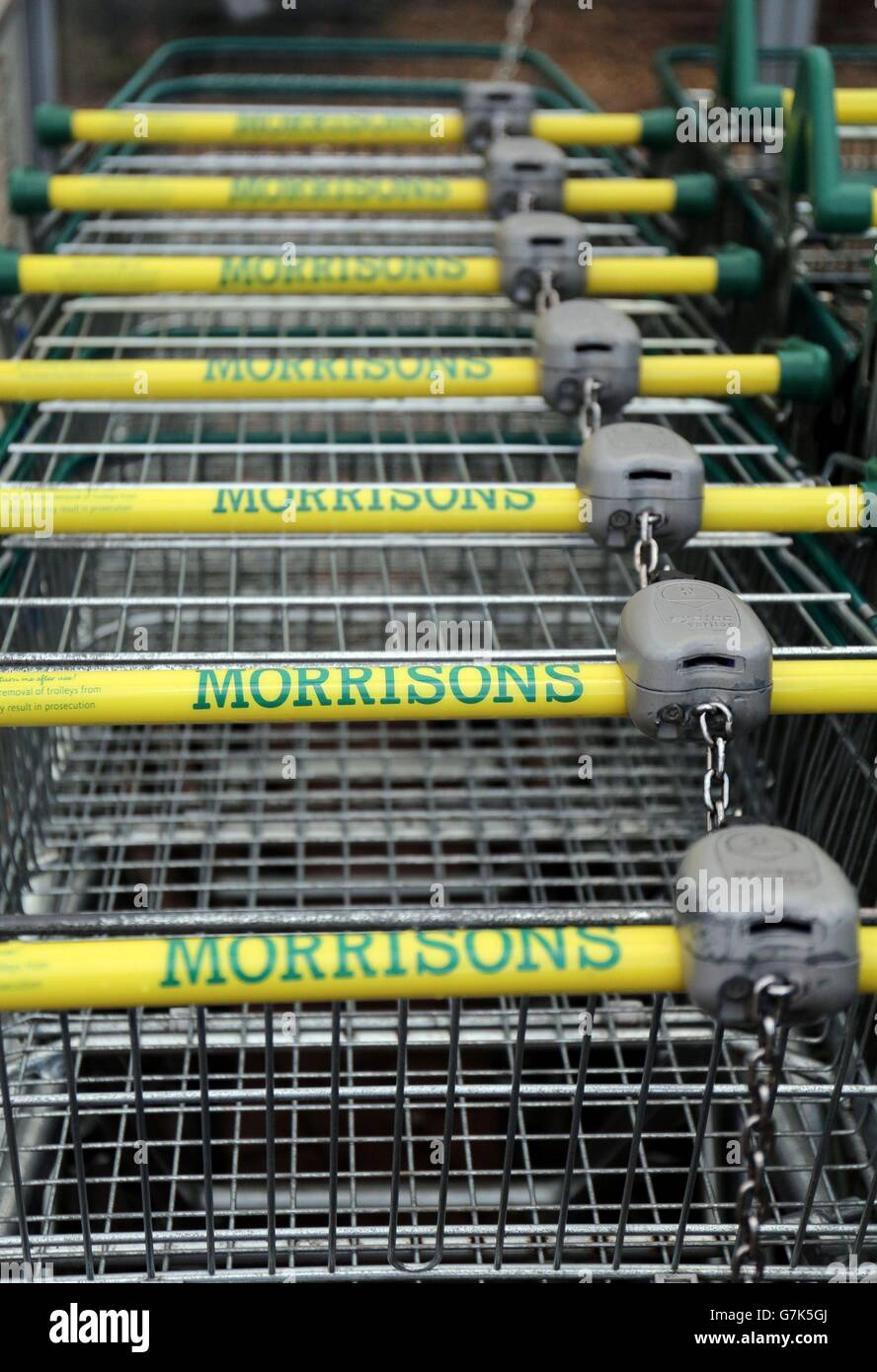 Trollies at a Morrisons supermarket at Cambourne in Cambridgeshire, as ...