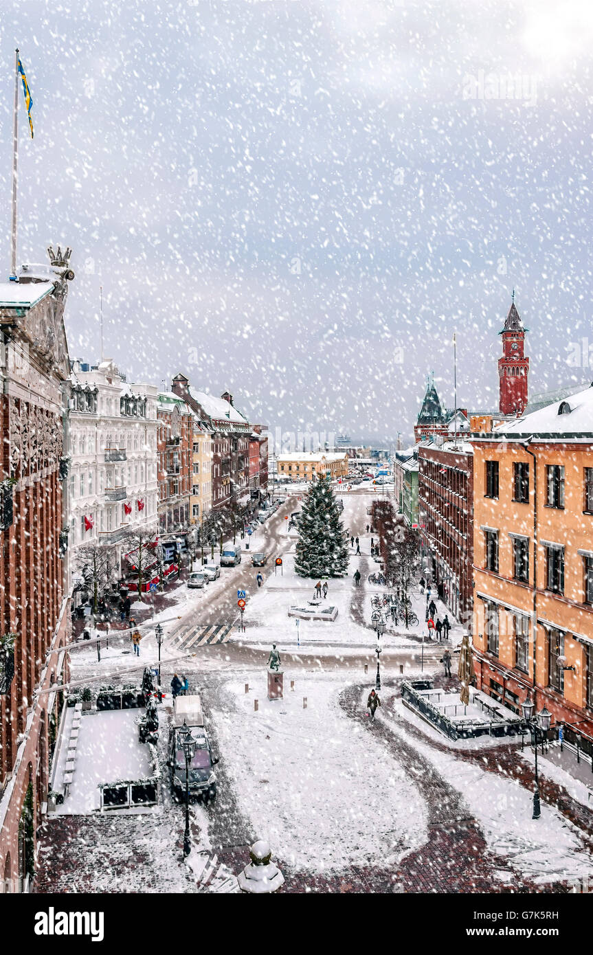 An elevated view of the swedish city of Helsingborg during some wintry ...