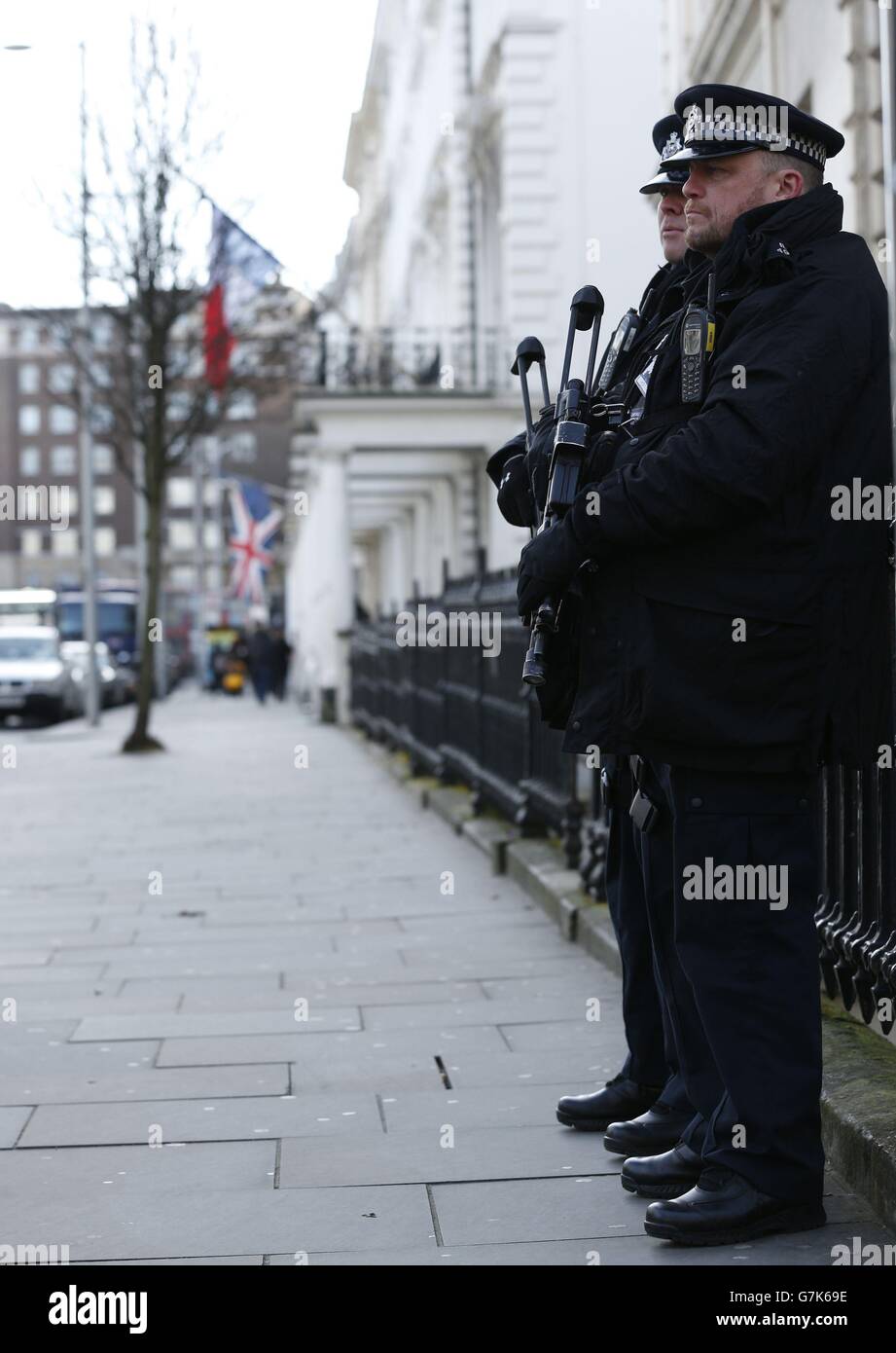 Armed police patrol outside the Chancellery of the French Consulate ...