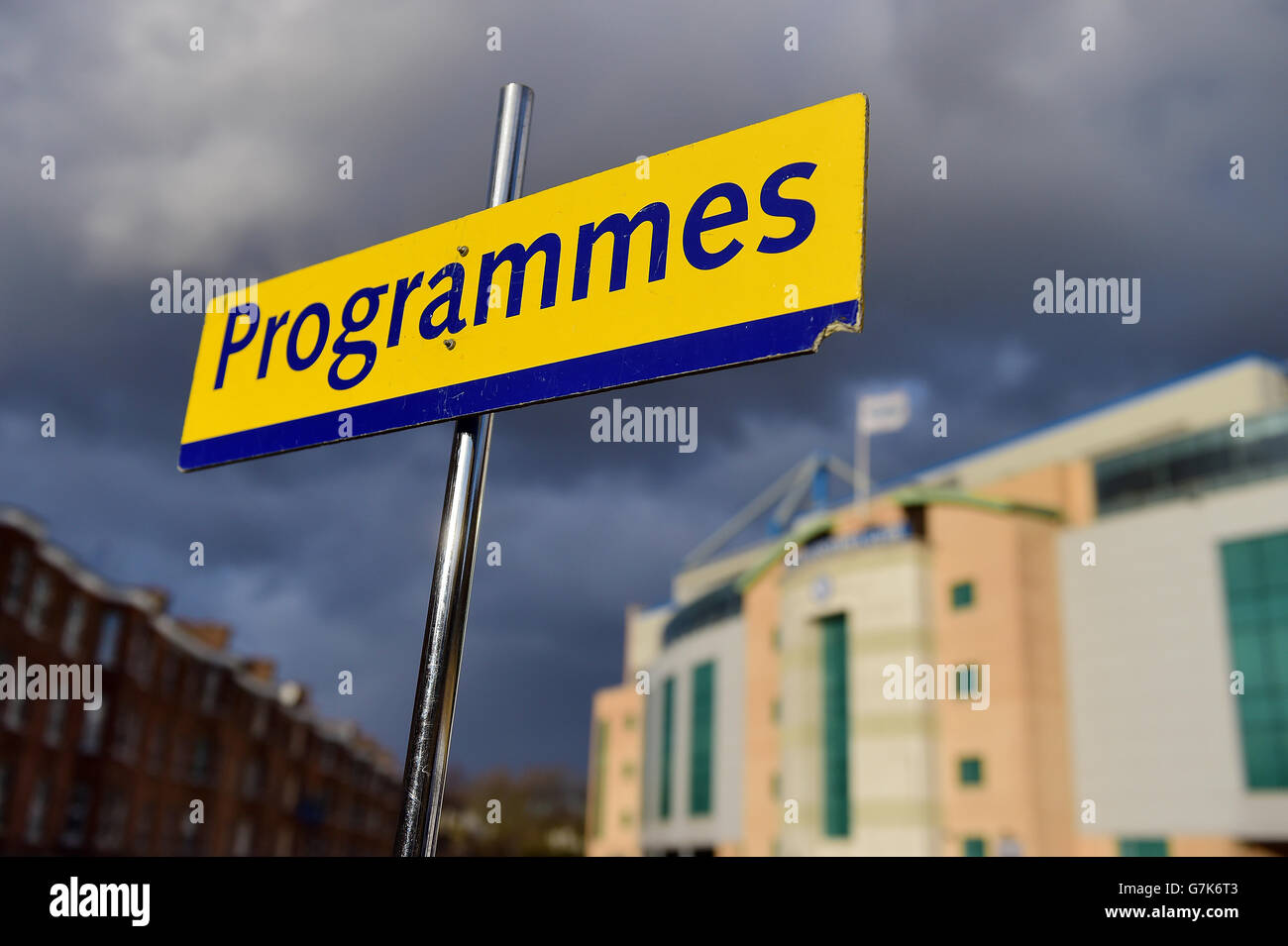 A programmes sign outside Stamford Bridge before the game Stock Photo ...