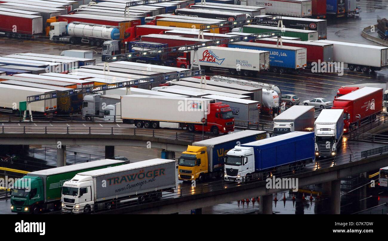 Lorries queue to board ferries at The Port of Dover in Kent, as bad ...