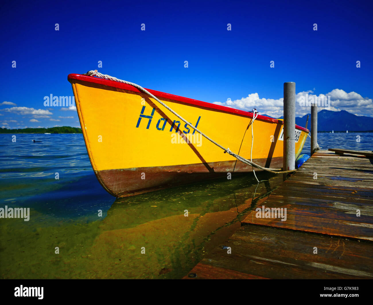 Europe Germany Chiemgau Chiemsee lake Prien wooden bridge boat mooring ...